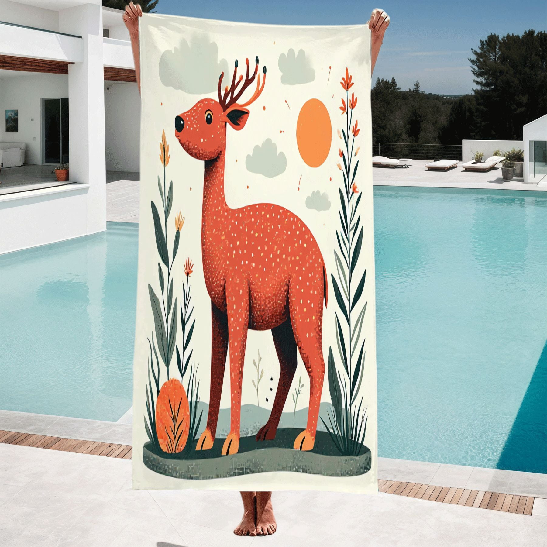 Whimsical Red Deer Beach Towel - Vibrant Nature Design with Green ...