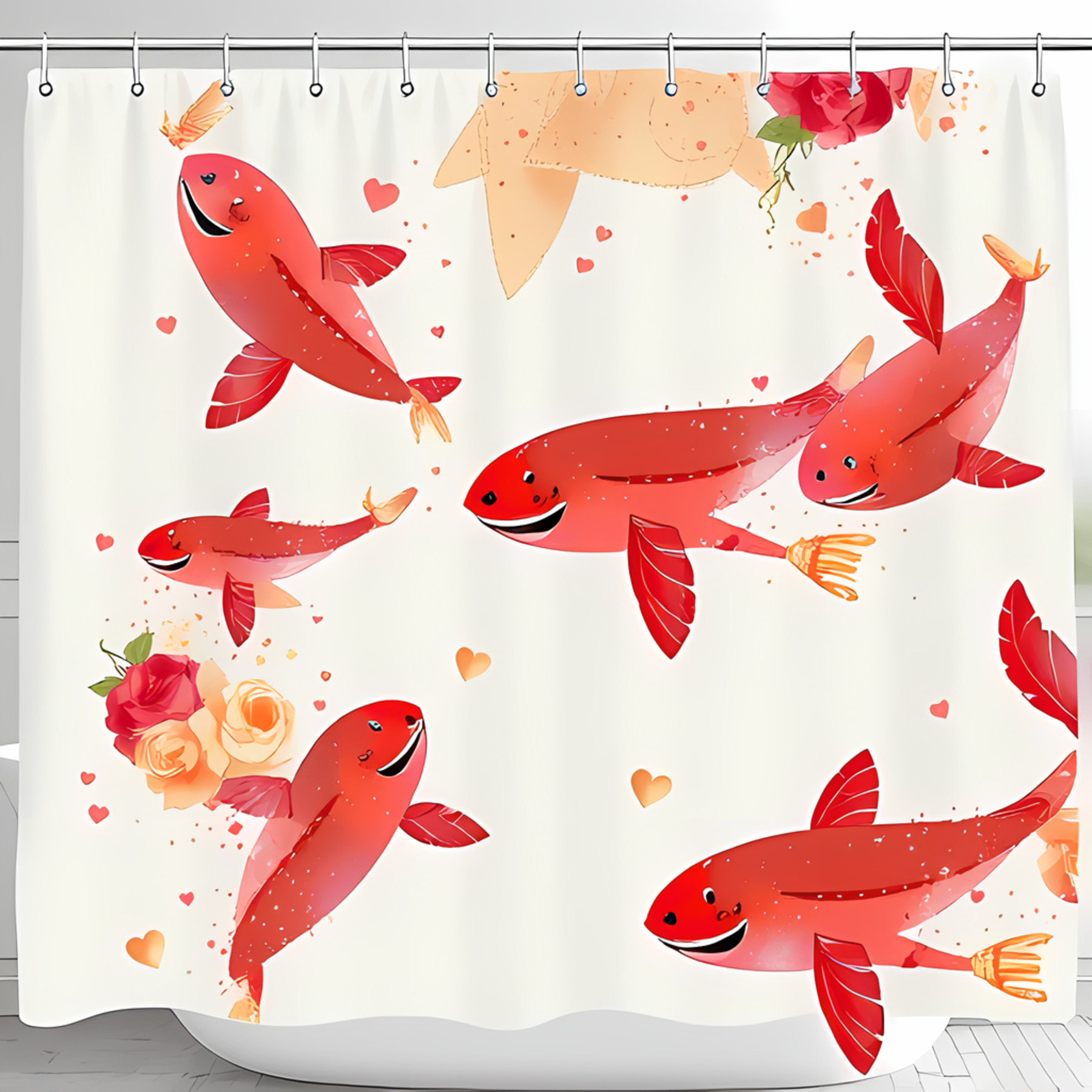 Whimsical Red Fish Shower Curtain - Playful Design with Cheerful ...