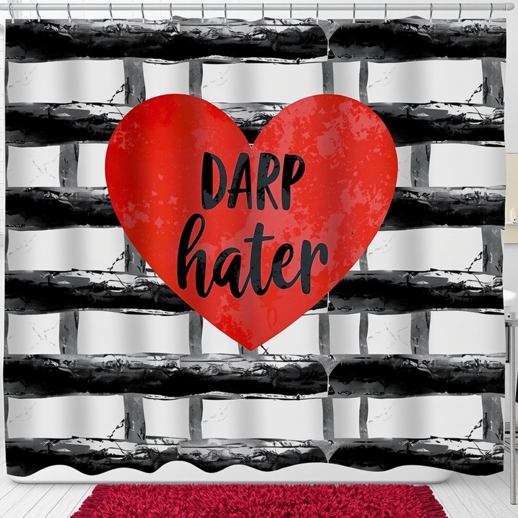 Whimsical Red Heart Shower Curtain - "DARP Hater" Design with Checkered ...