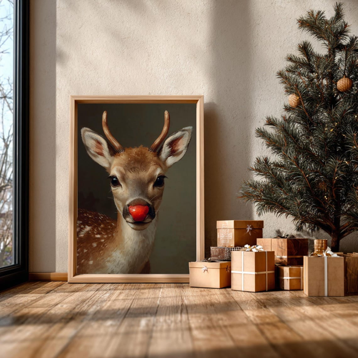 Whimsical Red-Nosed Deer, Rudolph Red Nose Art, Animal Art Print, Wall ...