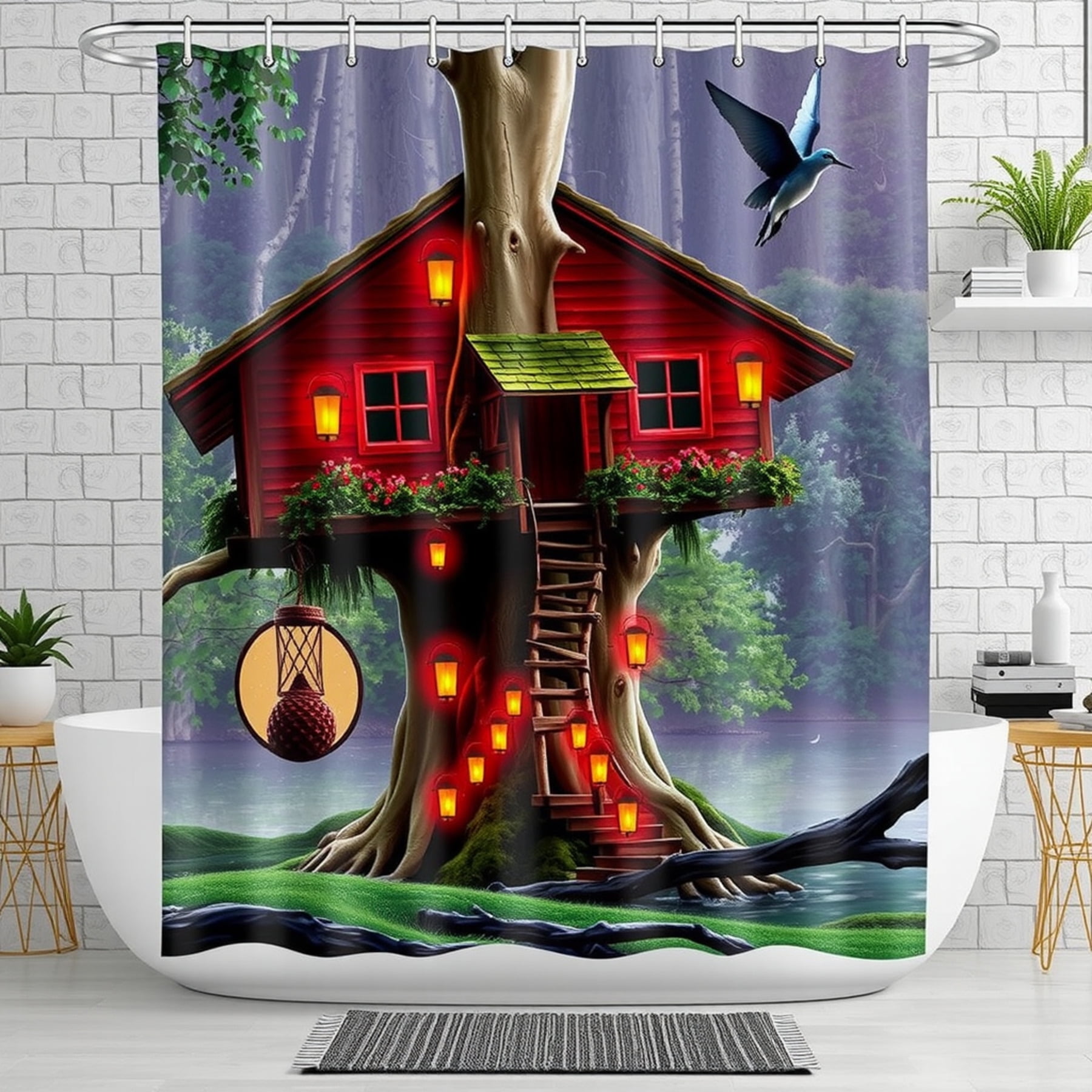 Whimsical Red Treehouse Shower Curtain with Lanterns Greenery & Soaring ...