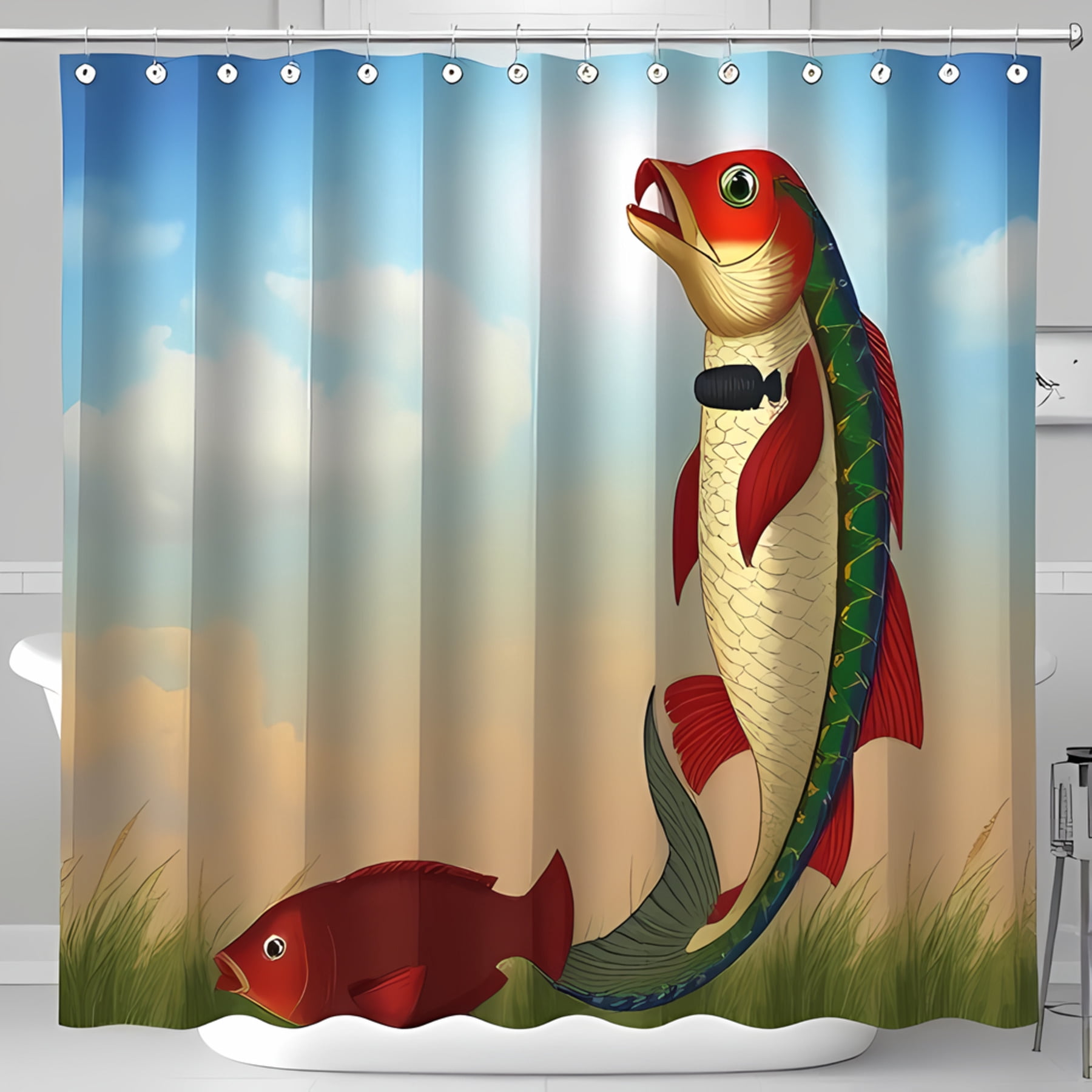 Whimsical Red and Green Fish Shower Curtain - Vibrant Detailed Design ...