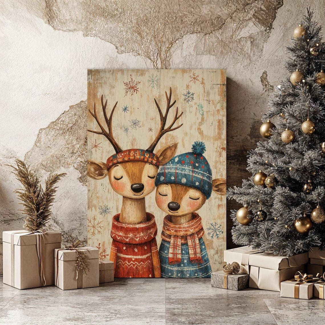 Whimsical Reindeer Duo Wall Art Winter Animal Poster Cozy Winter Decor ...