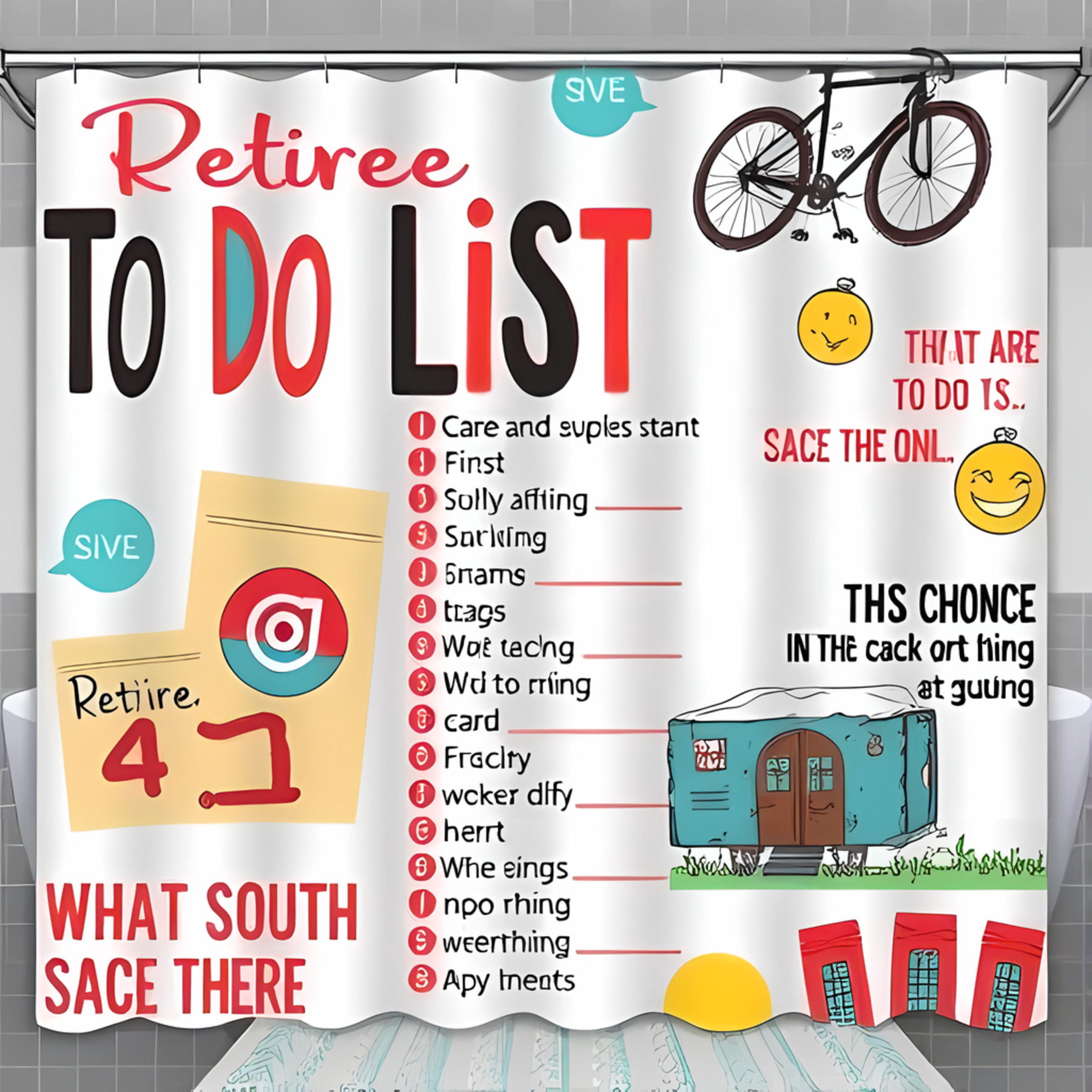 Whimsical Retiree To Do List Shower Curtain Telephone Box Design Retro whimsical-retiree-to-do-list-shower-curtain-telephone-box-design-retro