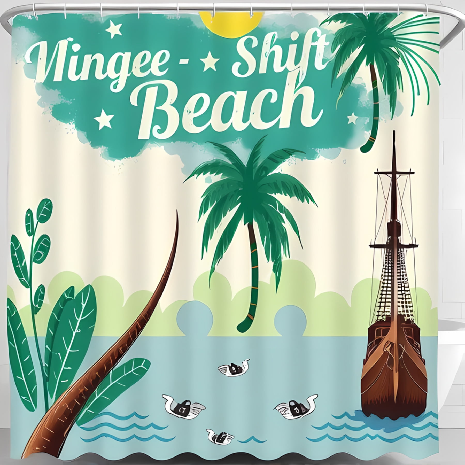 Whimsical Retro Beach Scene Shower Curtain - Teal & Cream with Trees ...