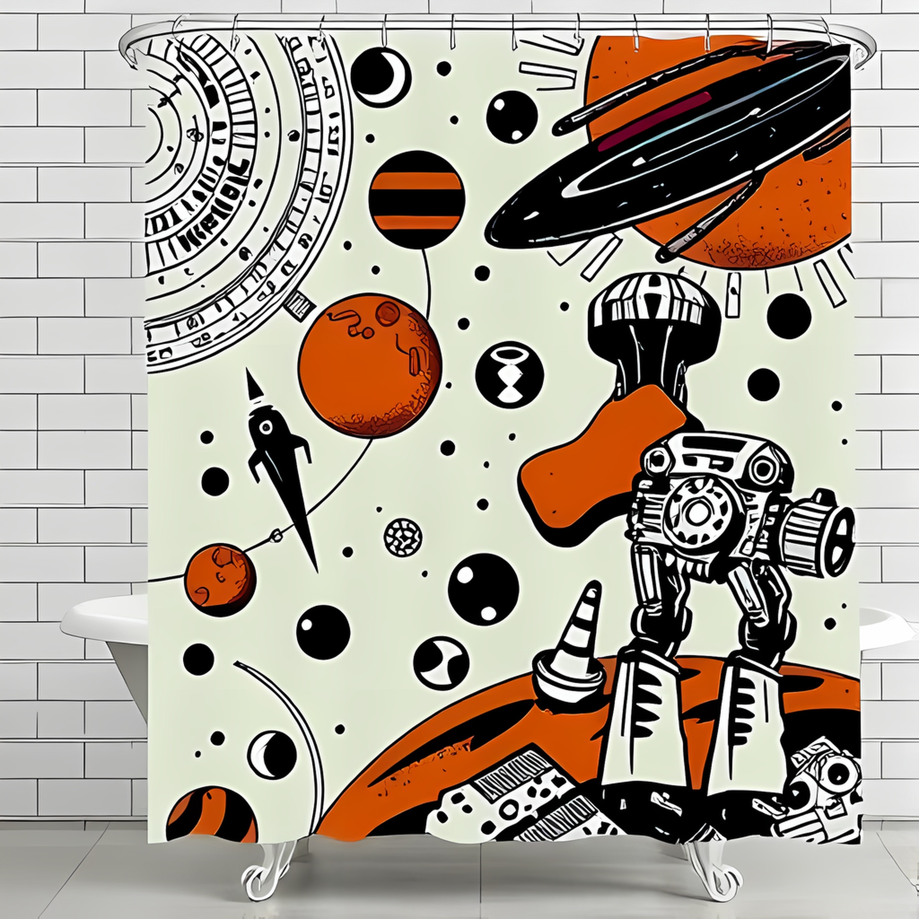 Whimsical Retro-Futuristic Robot Shower Curtain - Vibrant Space-Themed ...