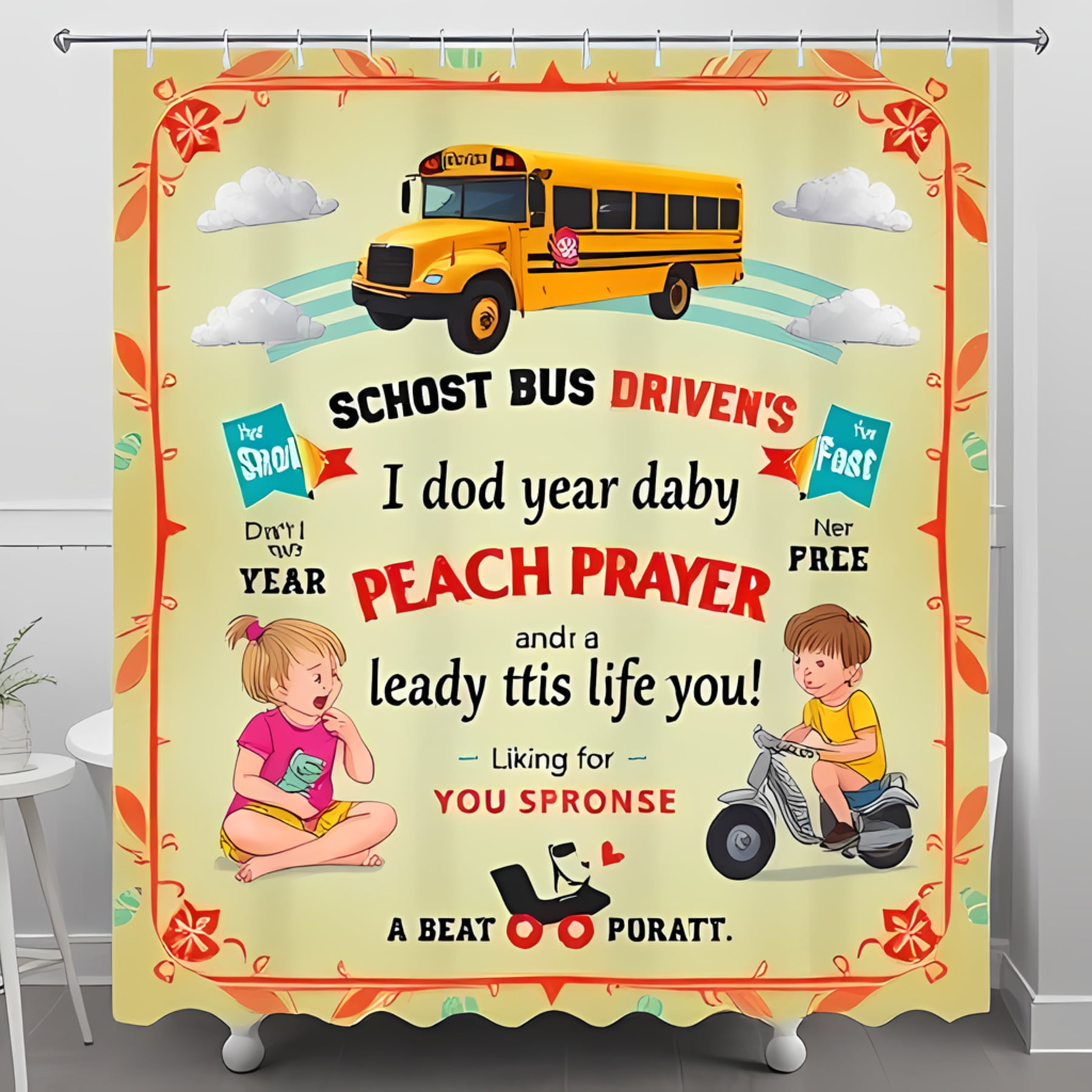 Whimsical Retro School Bus Shower Curtain with Playful Misspelled Text ...