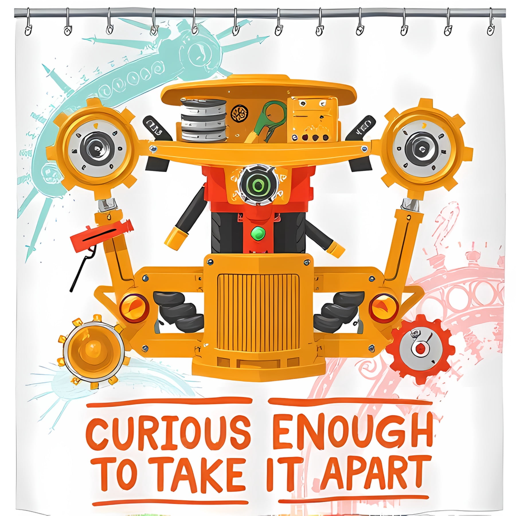 Whimsical Robot Shower Curtain - Cheerful Cartoon Design with Gears ...