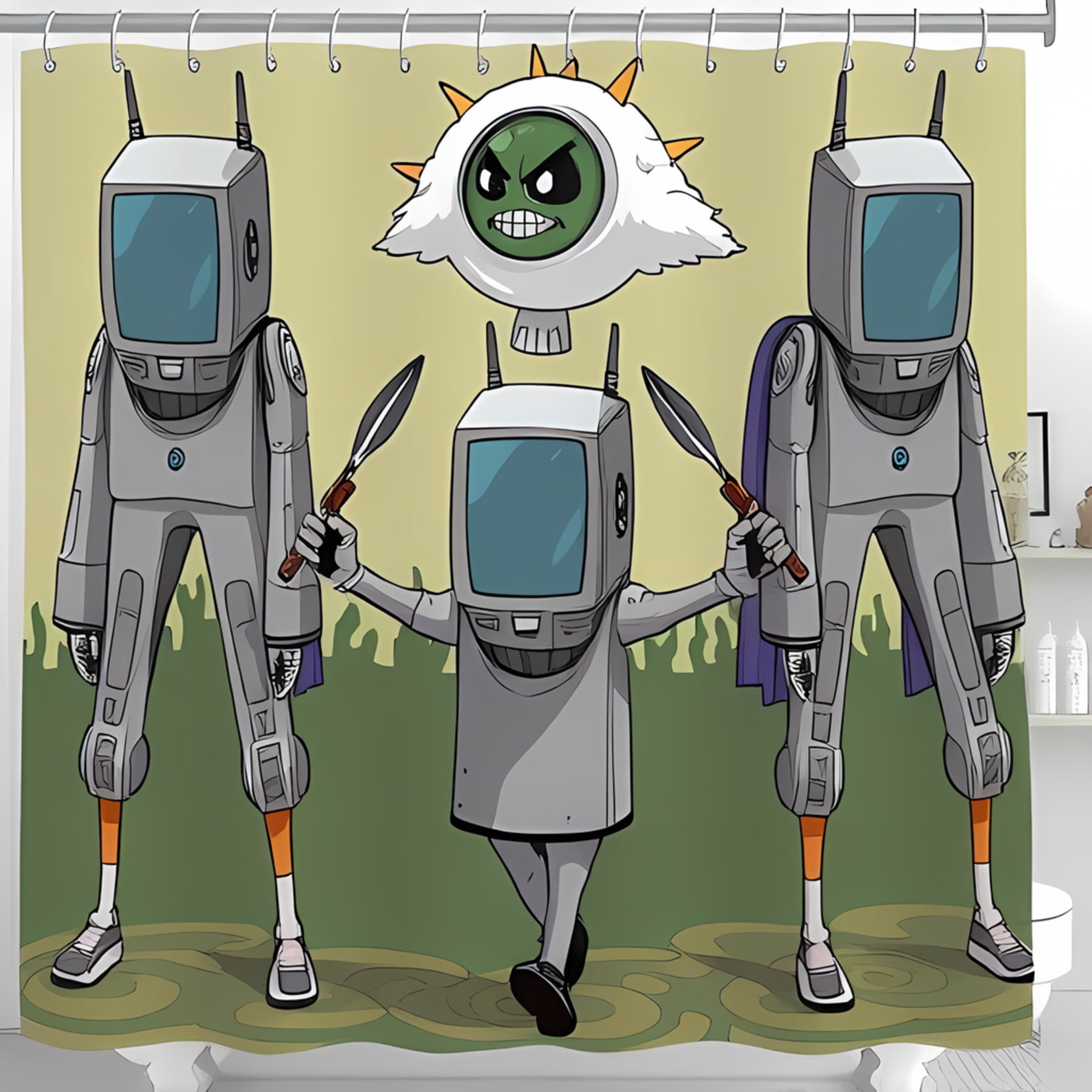 Whimsical Robot Shower Curtain with TV Head Figures Spiked Green Orb ...