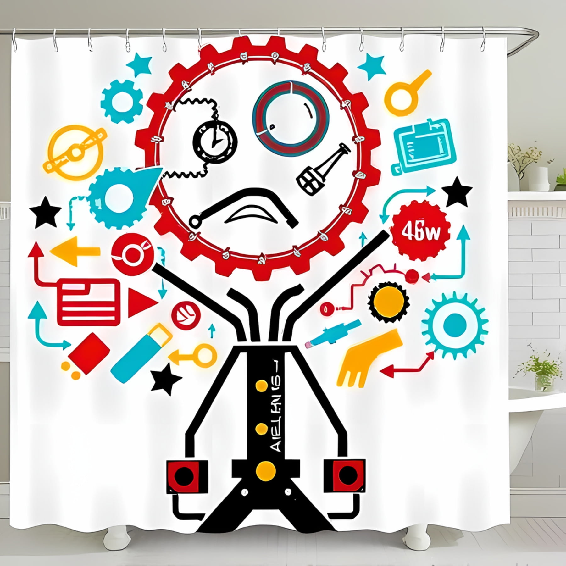 Whimsical Robotic Face Shower Curtain - Retro-Futuristic Design with ...