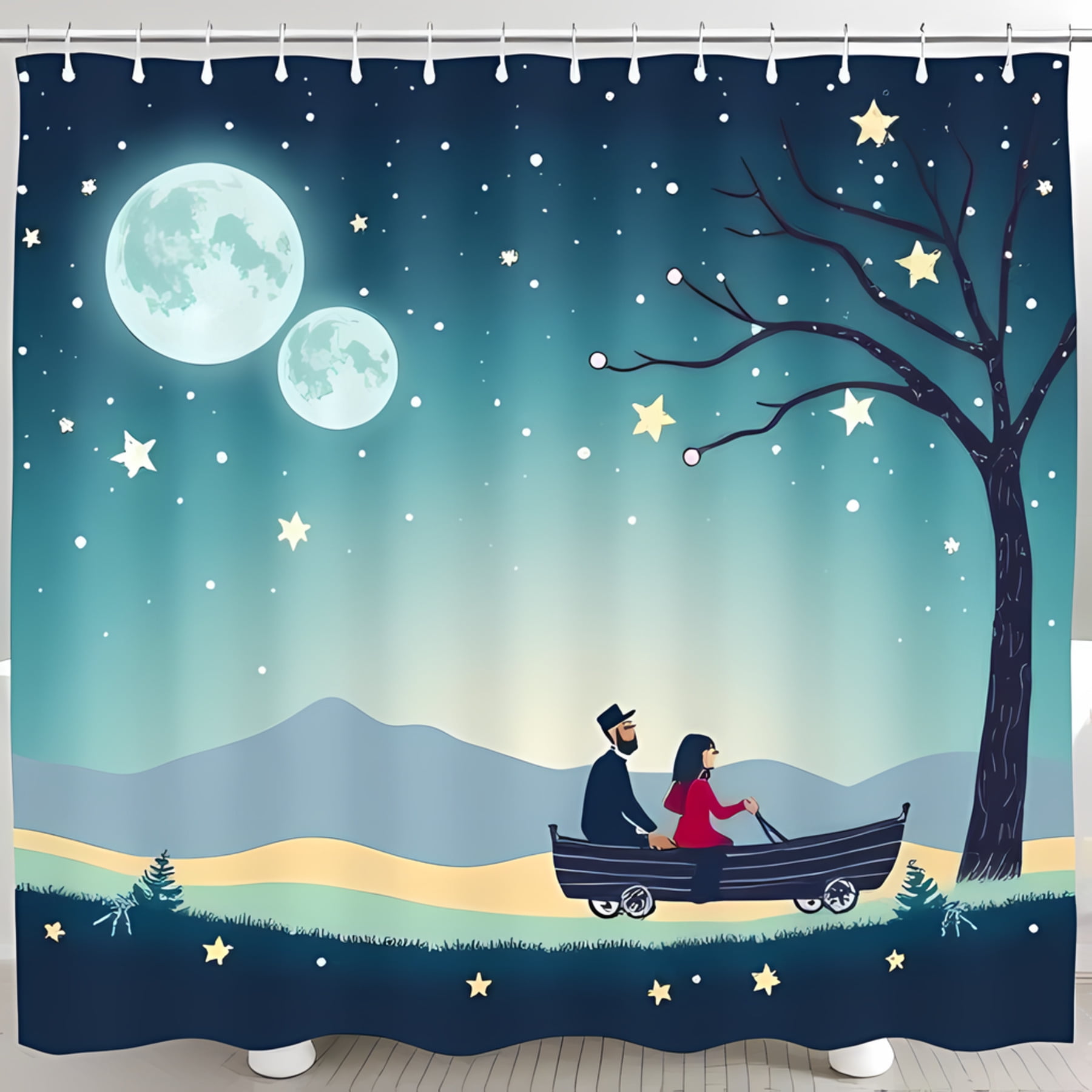 Whimsical Romantic Shower Curtain - Enchanting Night Sky with Moons ...