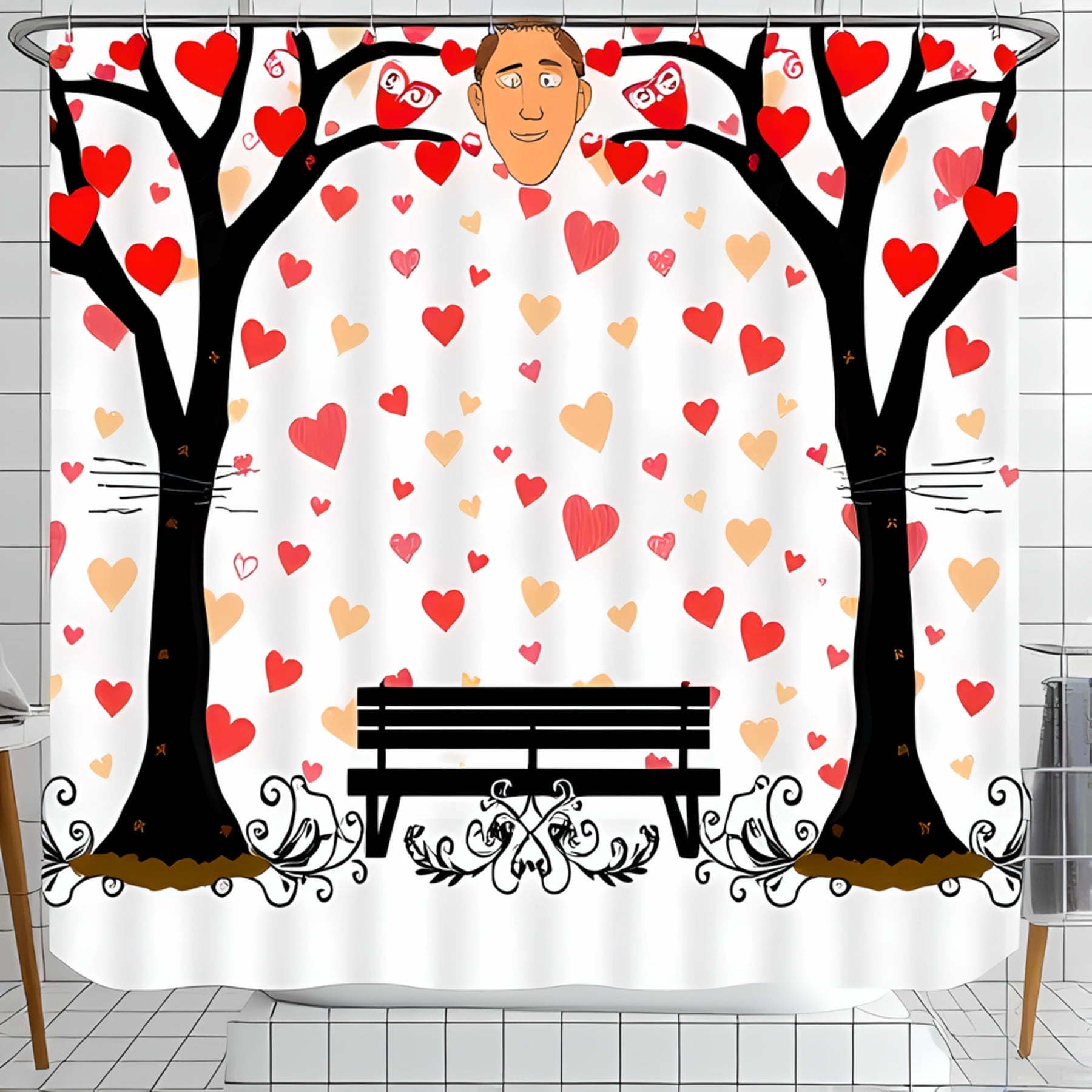 Whimsical Romantic Shower Curtain with Black Trees Hearts and Floral ...