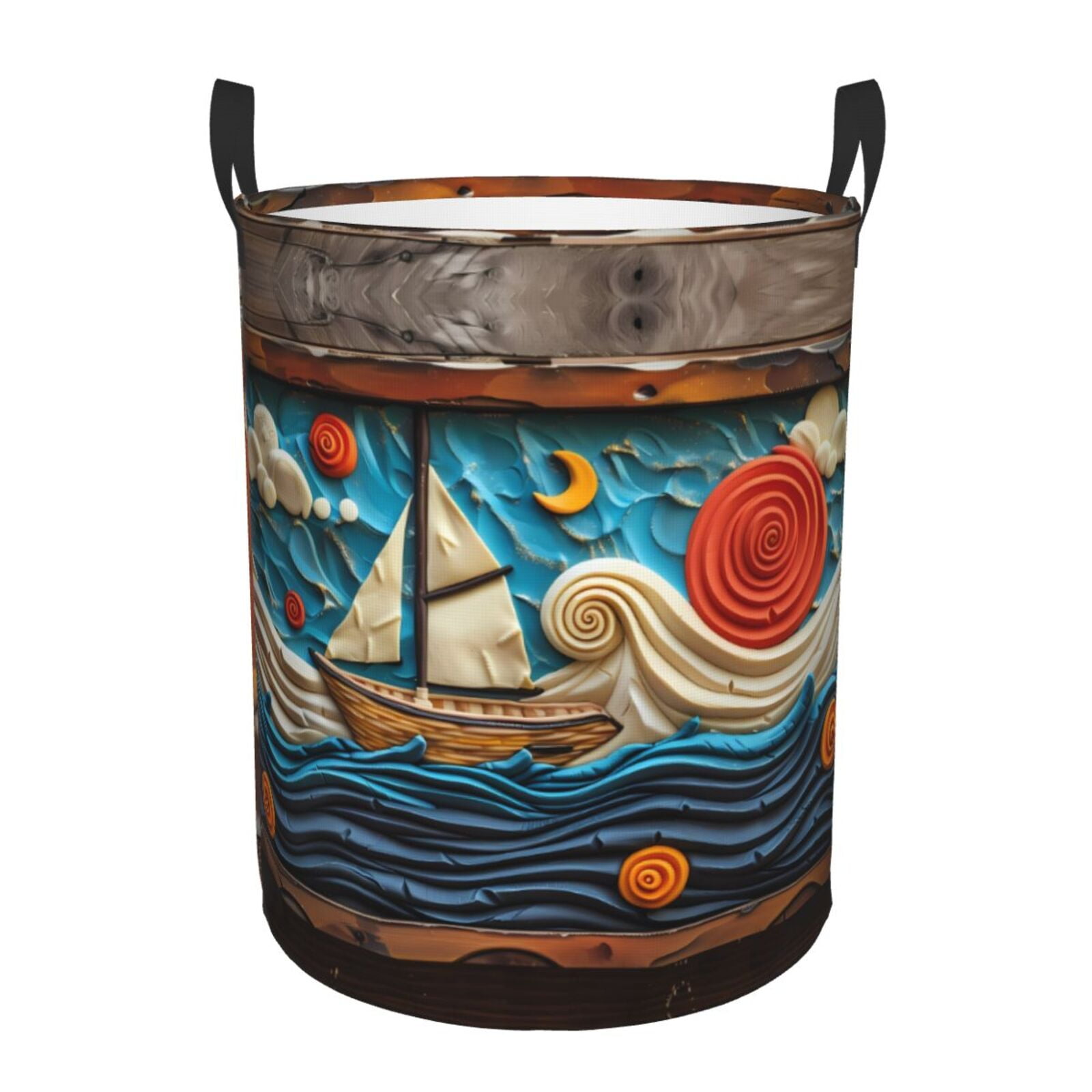 Whimsical Sailboat Ocean Art Round Laundry Basket, Laundry Hamper with ...