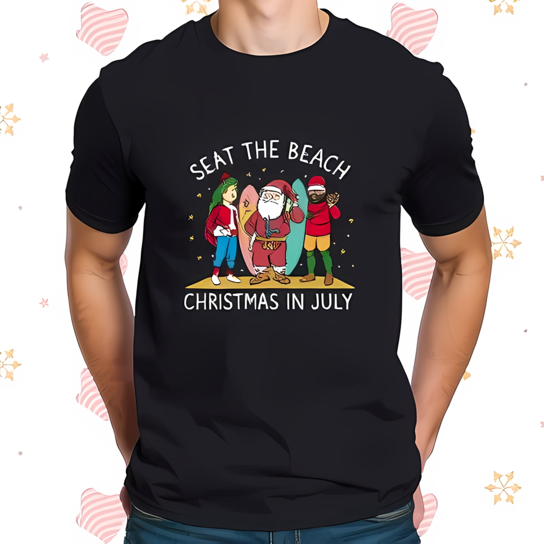 Whimsical Santa Surfing T-Shirt - Cotton Short Sleeve Tee Beach Theme ...