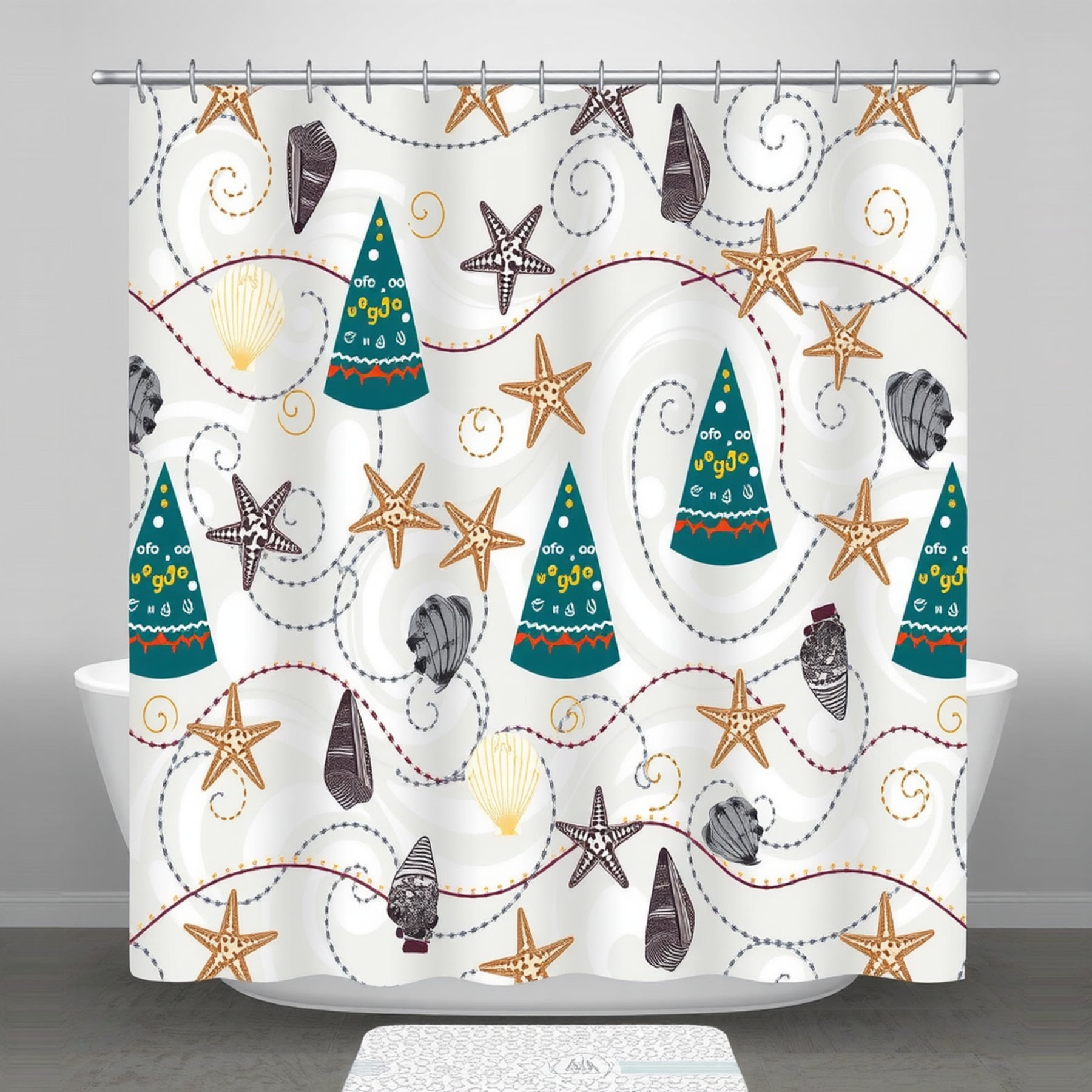 Whimsical Sea-Themed Shower Curtain Triangles, Seashells & Starfish ...