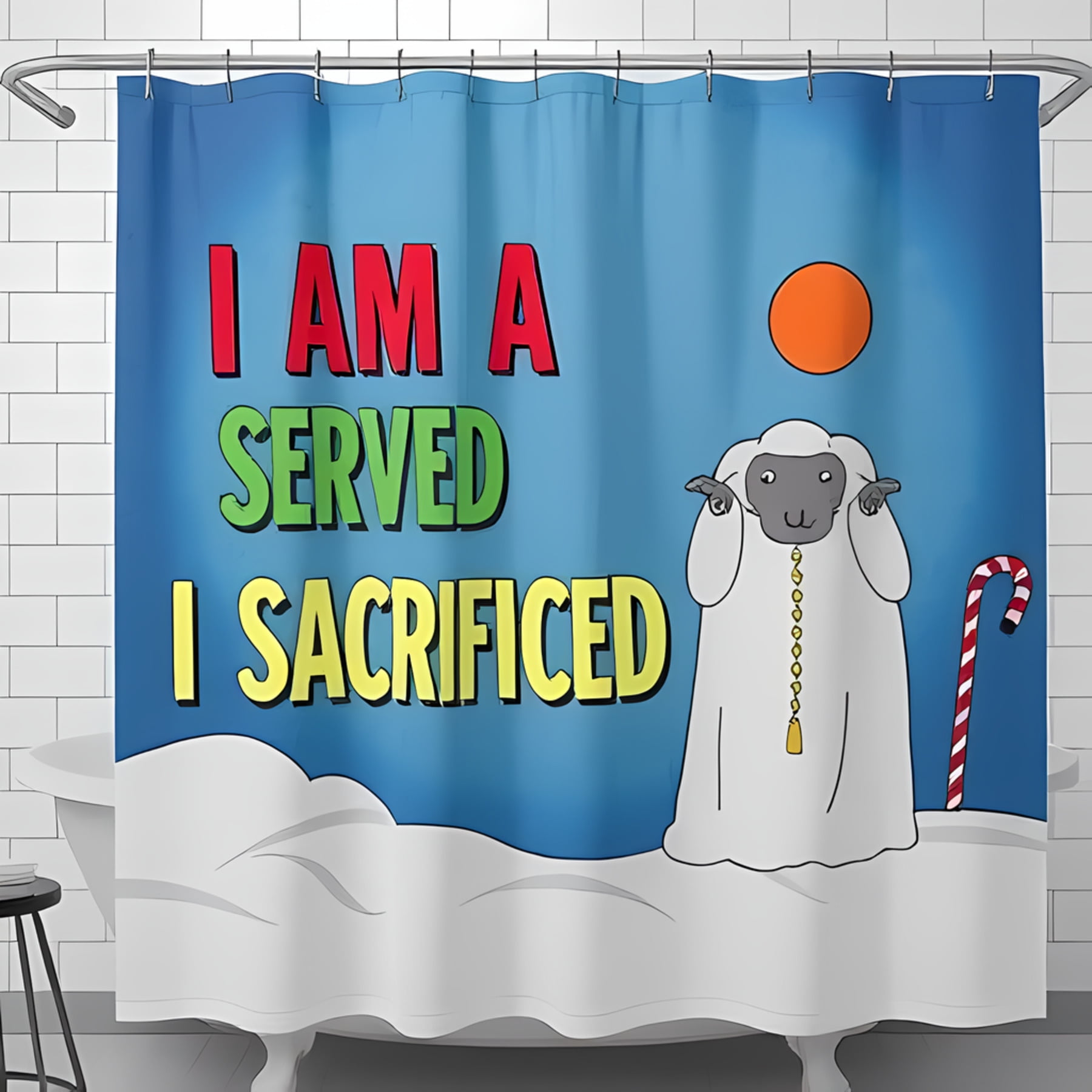 Whimsical Sheep Shower Curtain - Snowy Landscape Bold Text Design with ...