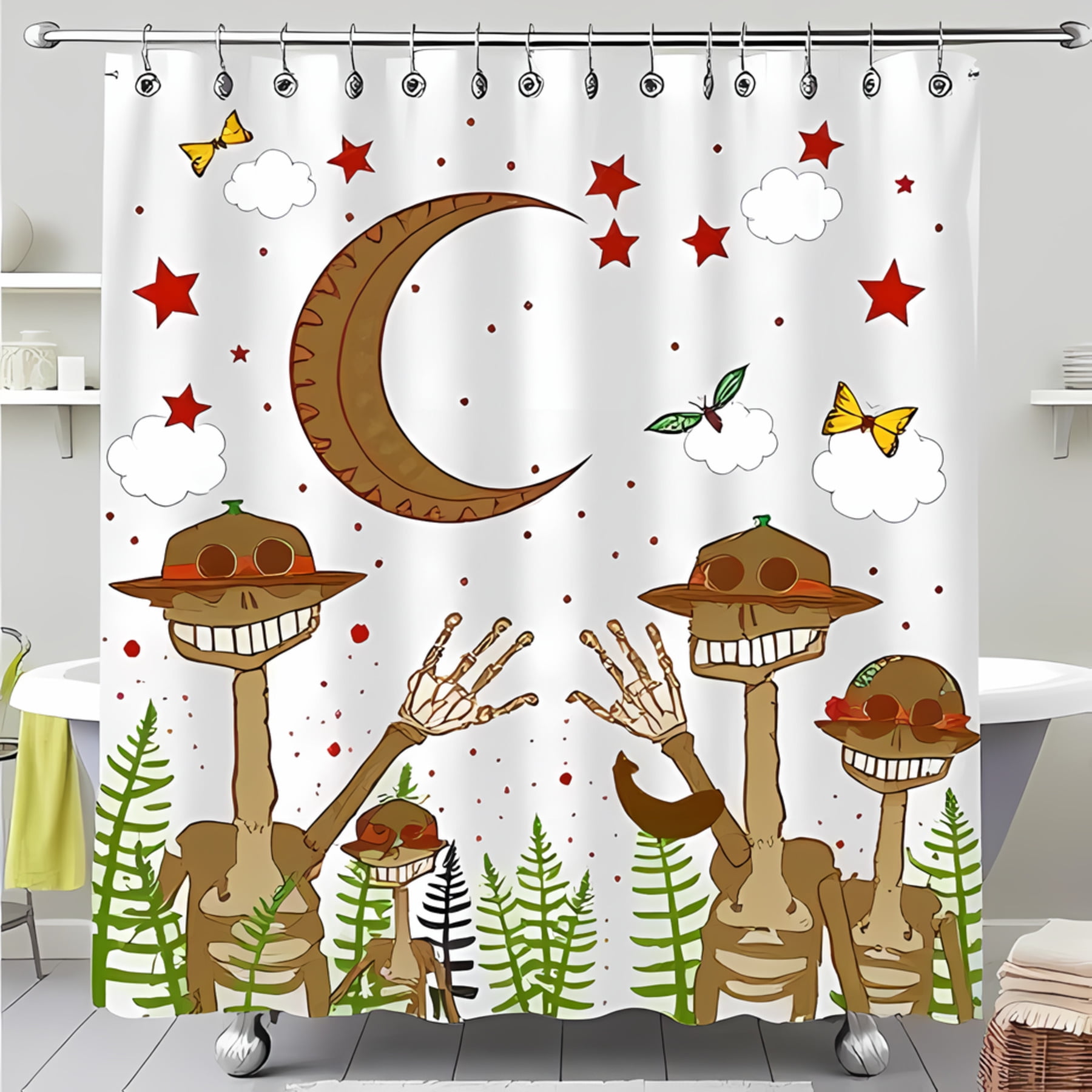 Whimsical Shower Curtain - Cartoon Creatures with Hats Smiling Faces ...