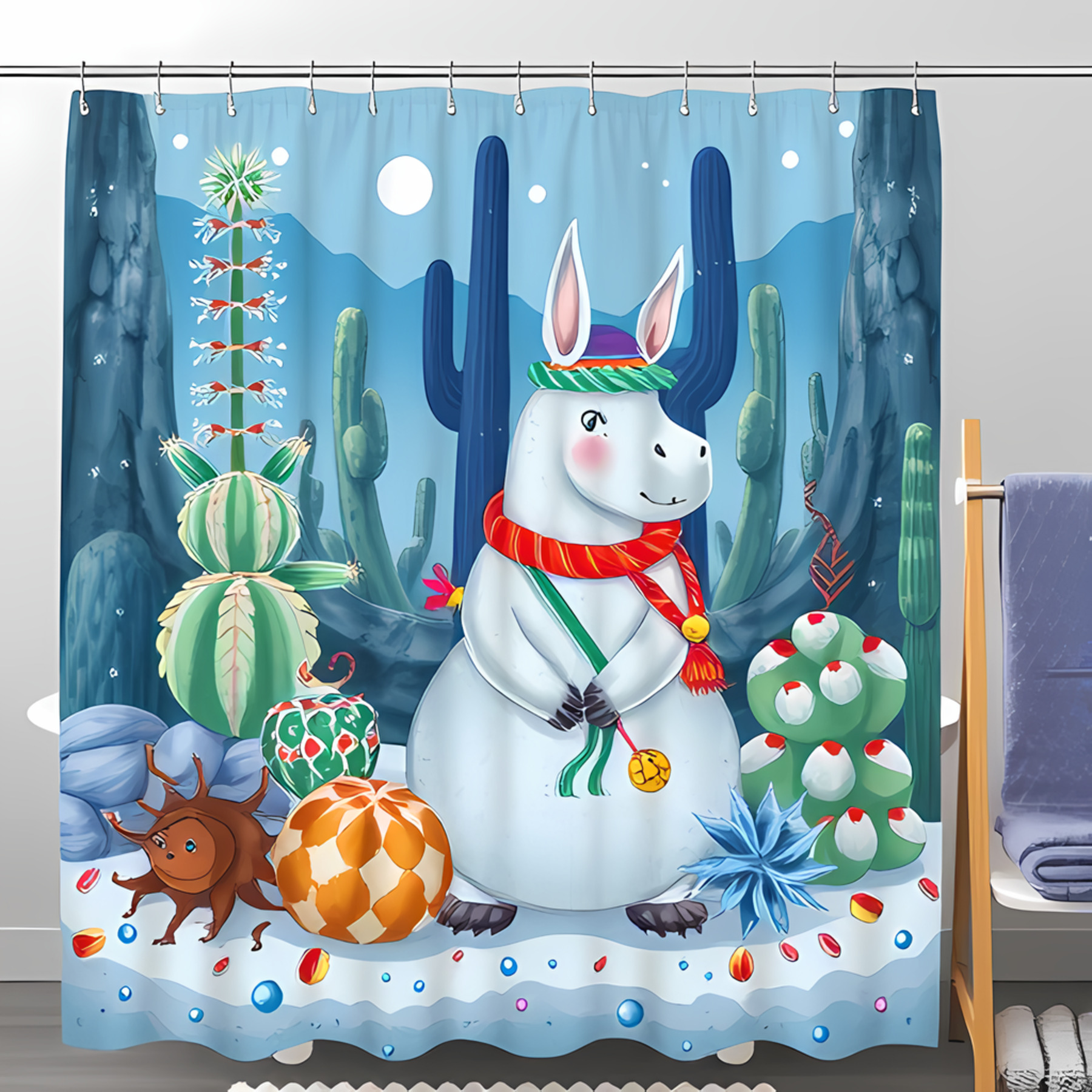 Whimsical Shower Curtain - Cheerful Snowman Colorful Scarf Starry Night ...