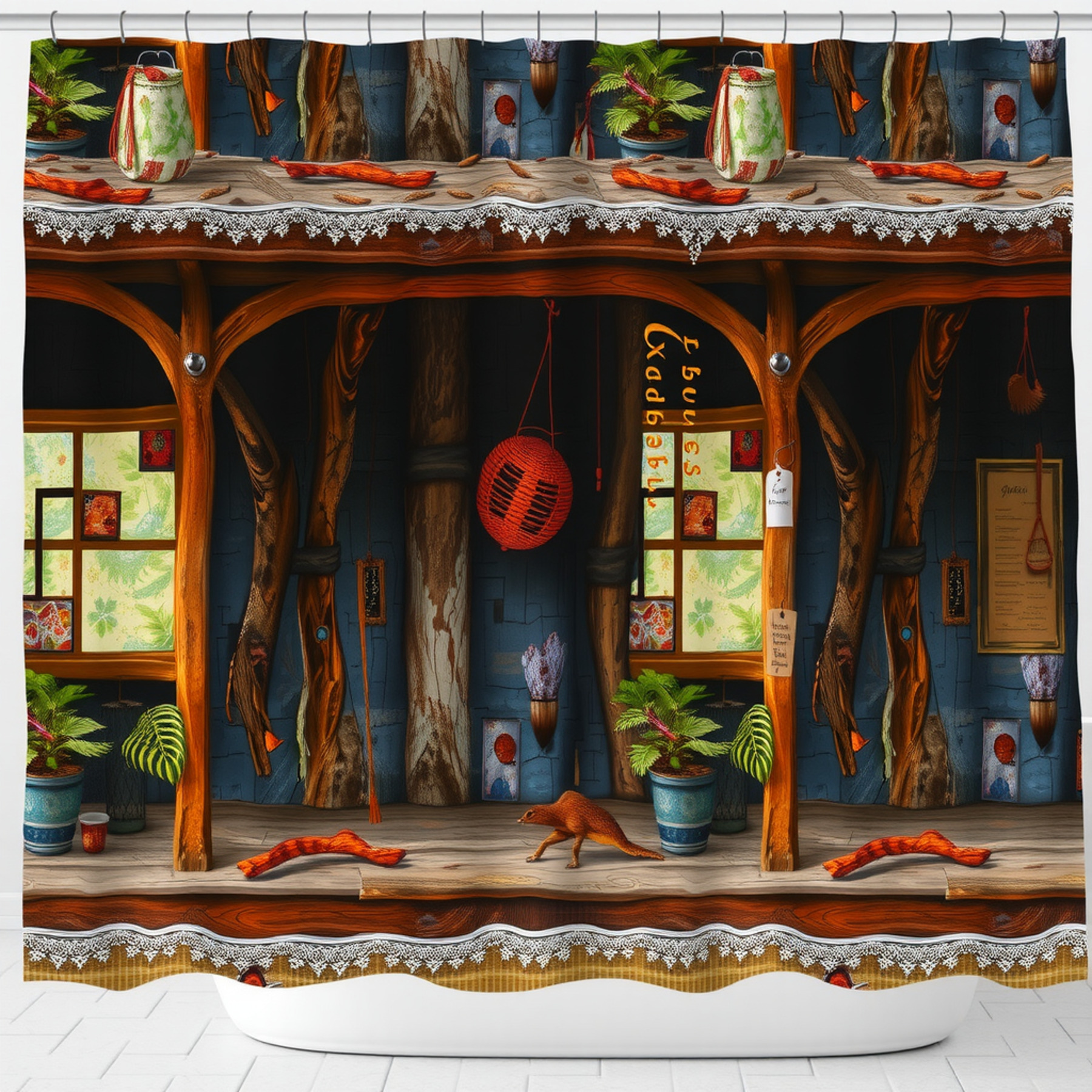 Whimsical Shower Curtain - "The Bugs' Shack" Cozy Design with Lanterns ...
