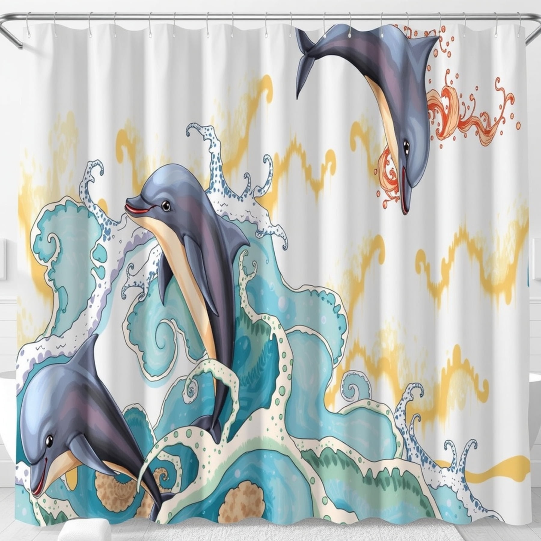 Whimsical Shower Curtain - Vibrant Blue-Grey Dolphins & Waves on Soft ...