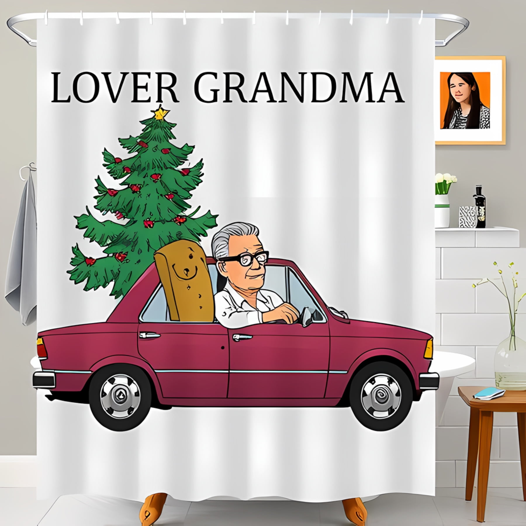 Whimsical Shower Curtain with Cartoon Grandpa in Vintage Red Car ...