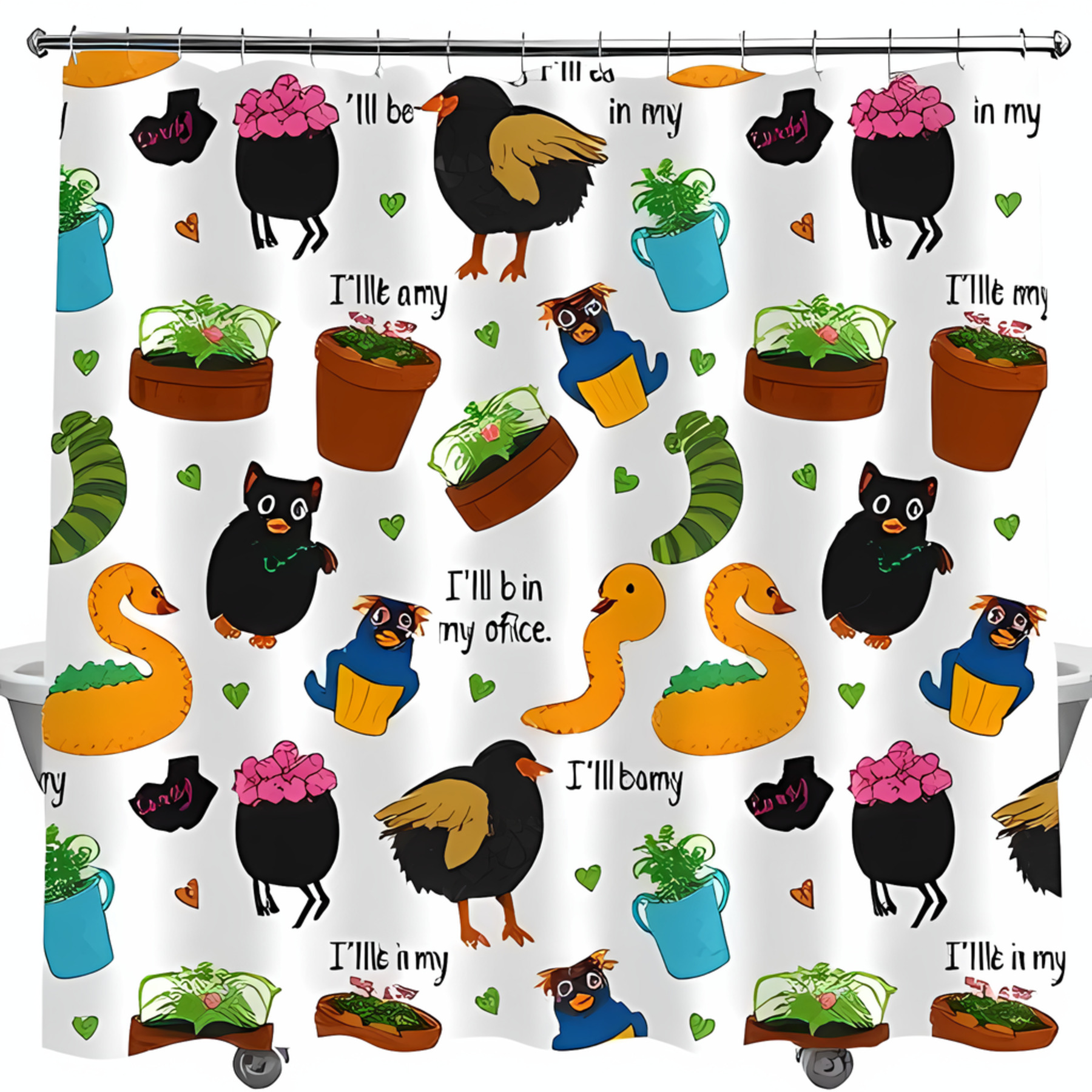 Whimsical Shower Curtain with Characters Plants and Playful Hand-Drawn ...