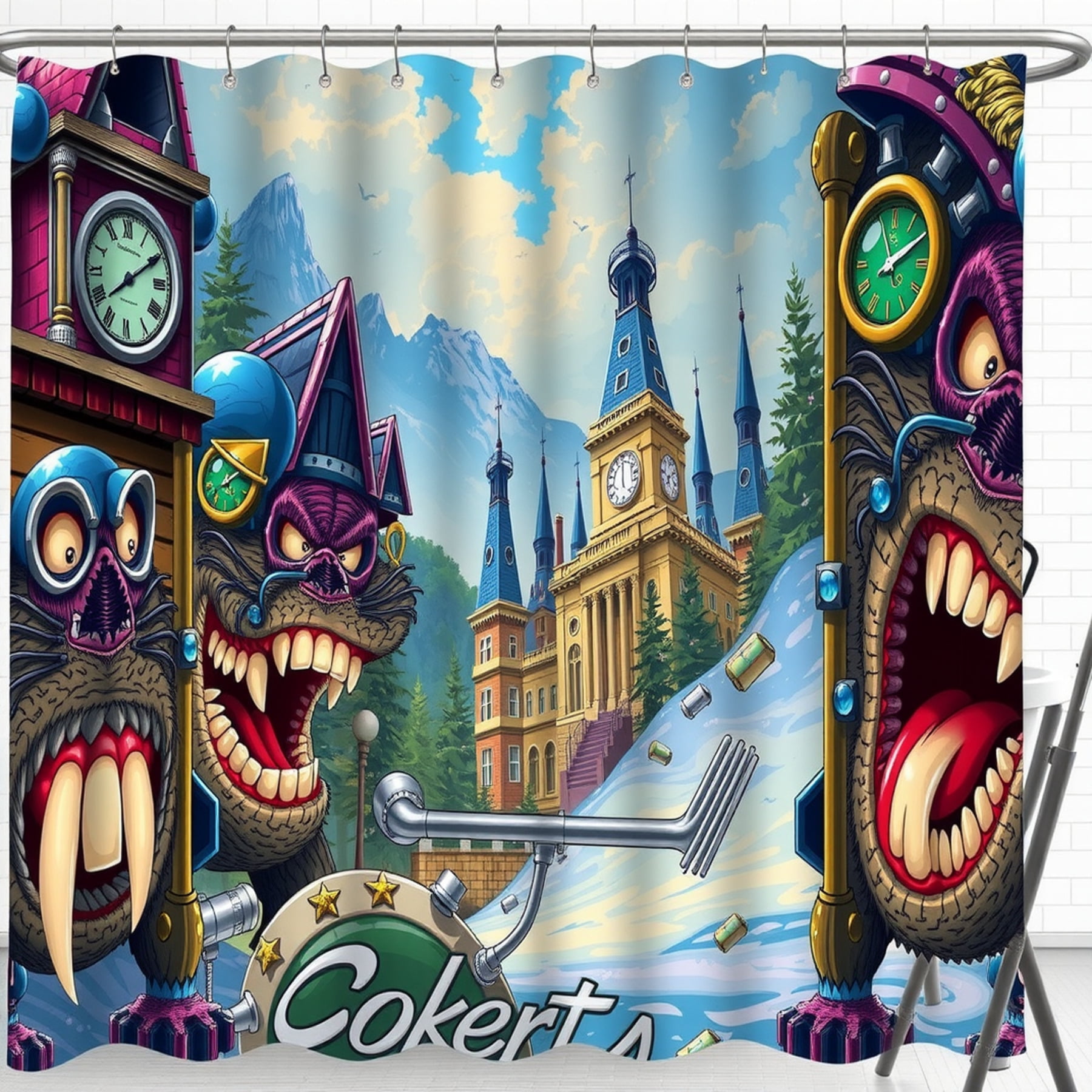 Whimsical Shower Curtain with Fantastical Creatures & Yellow Clock ...