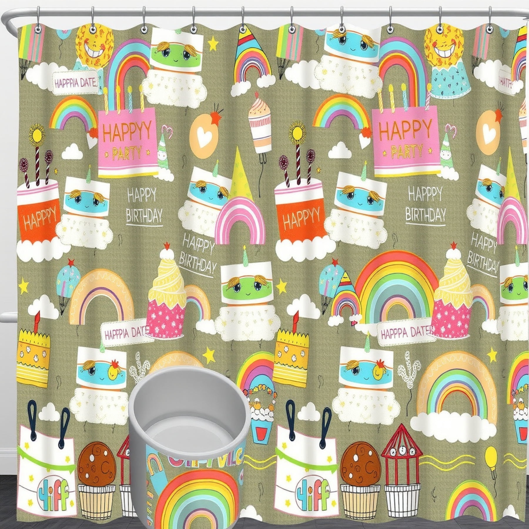 Whimsical Shower Curtain with Gazebo Green Tower Cartoon Creatures ...