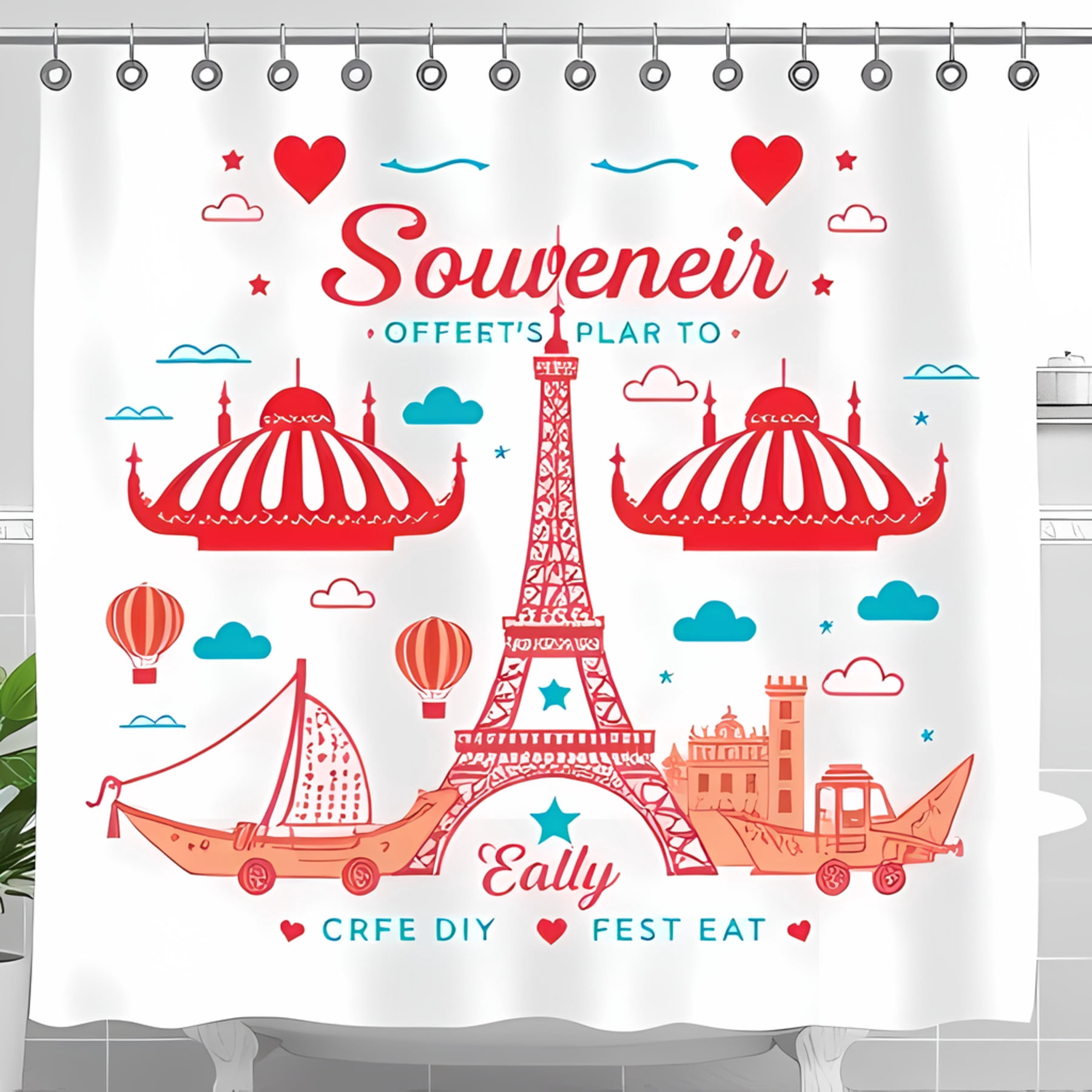 Whimsical Shower Curtain With Hot Air Boats And Amusement Park Elements
