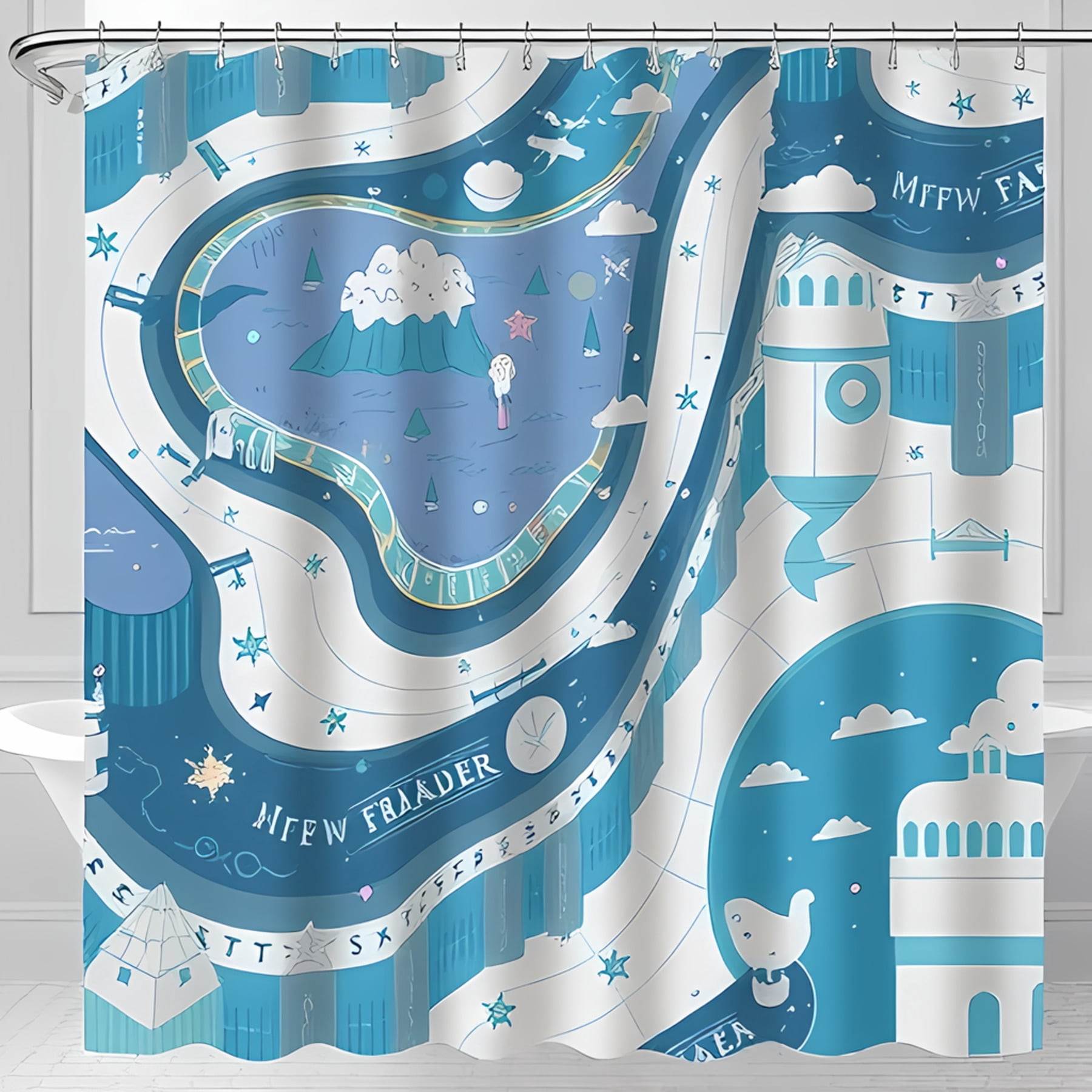 Whimsical Shower Curtain with Illustrated River Castle Rocket and ...
