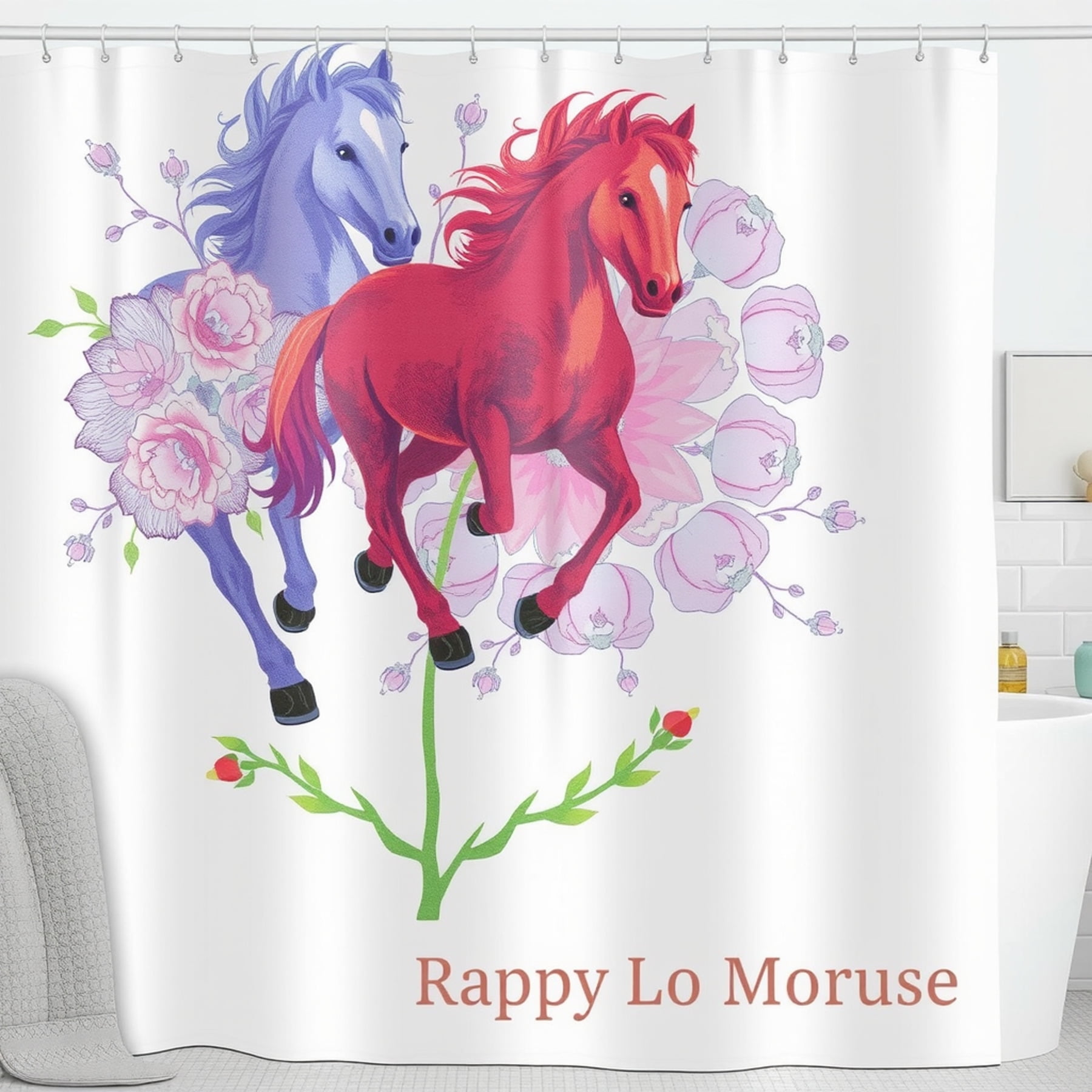 Whimsical Shower Curtain with Red & Blue Horses in Pink Flowers - Rappy ...
