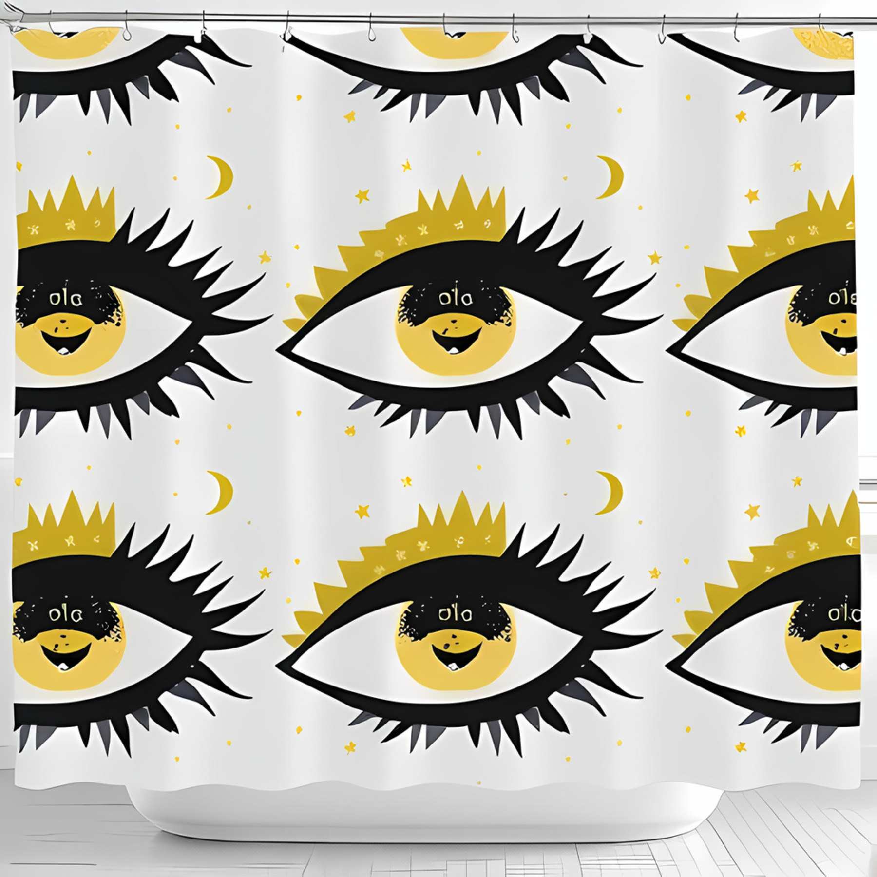 Whimsical Shower Curtain with Stylized Eyes Golden Crowns Stars & Moons ...