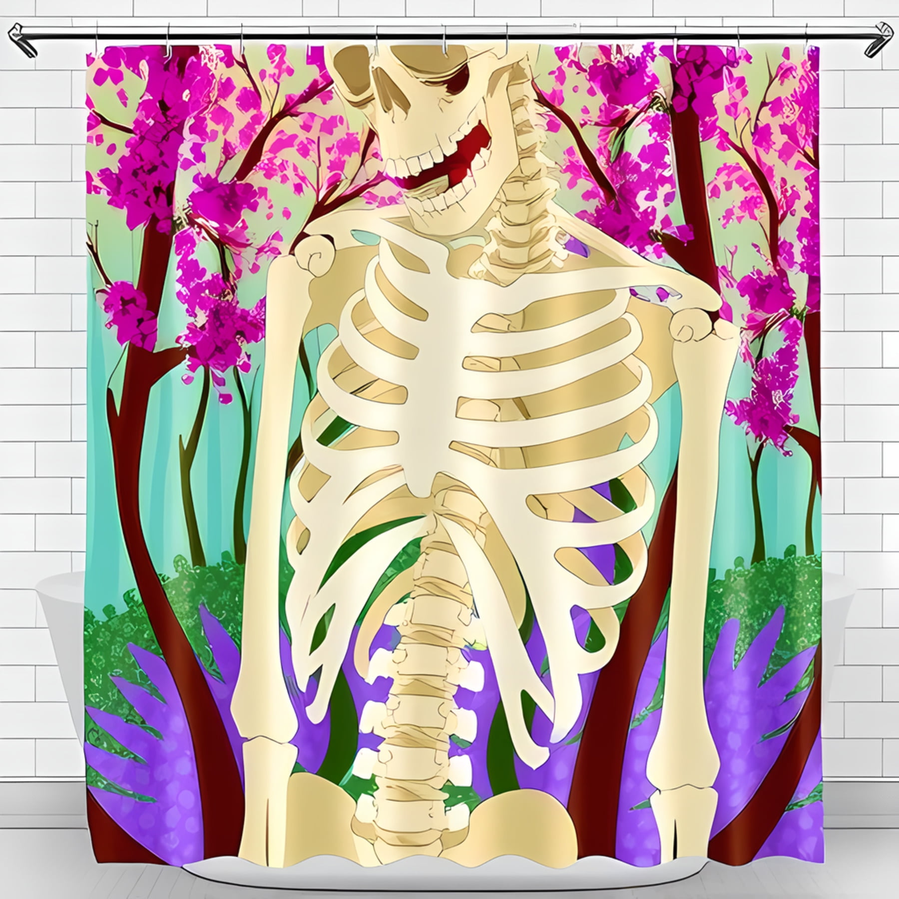 Whimsical Skeleton Shower Curtain with Cherry Blossom Design Playful ...