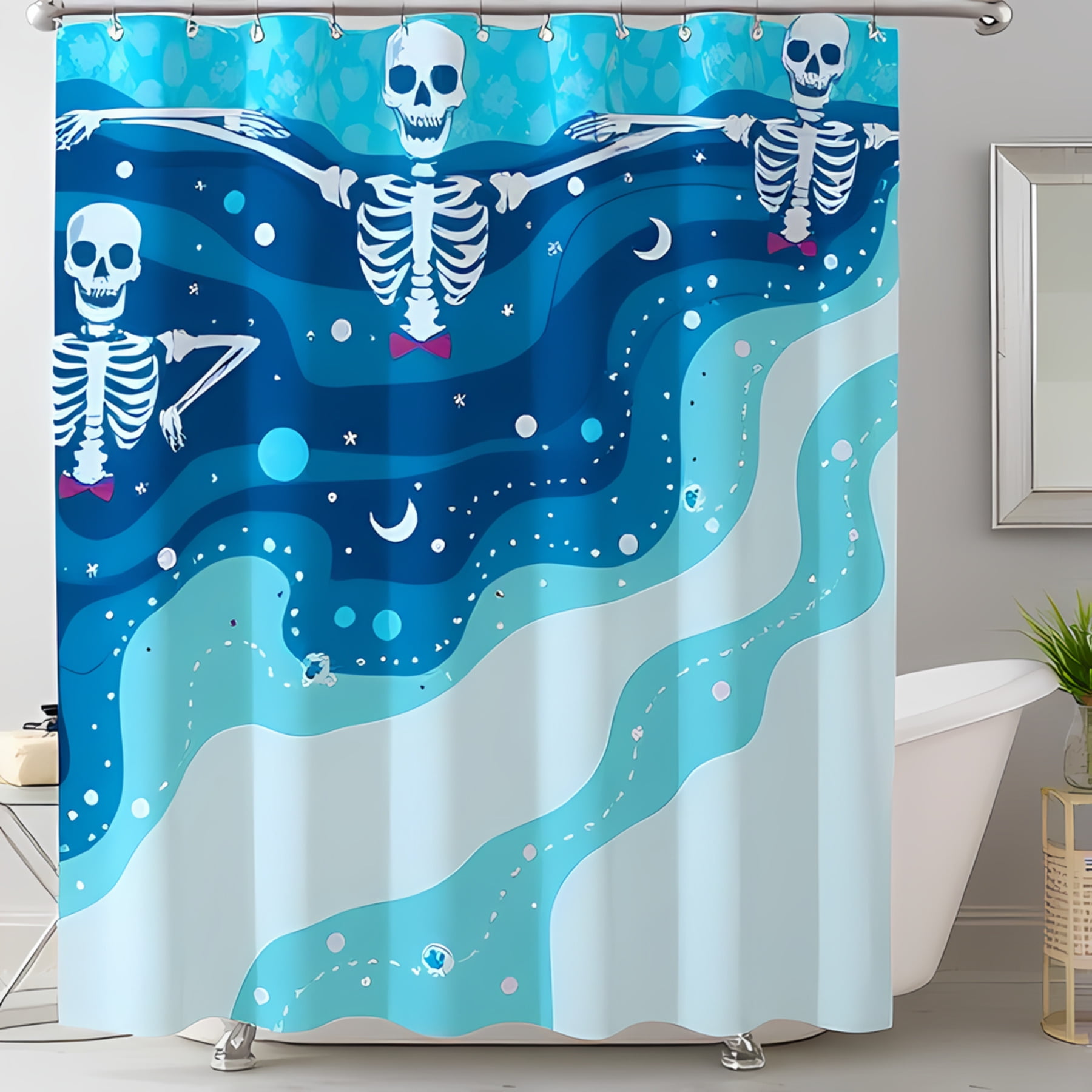 Whimsical Skeleton Shower Curtain with Pink Bow Ties - Playful Blue ...