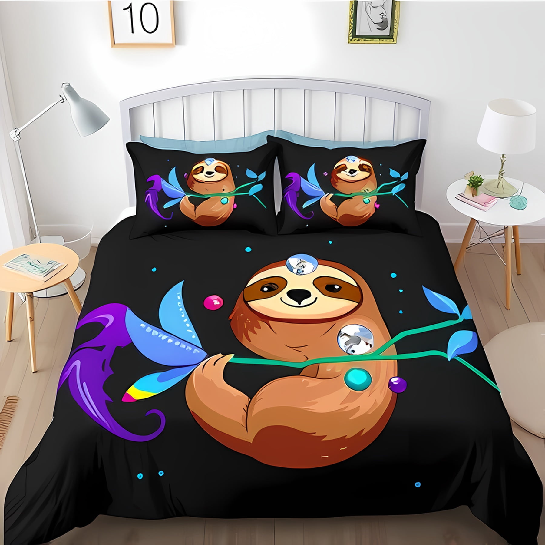Whimsical Sloth 3-Piece Duvet Cover & Pillowcase Set - Colorful Floral ...