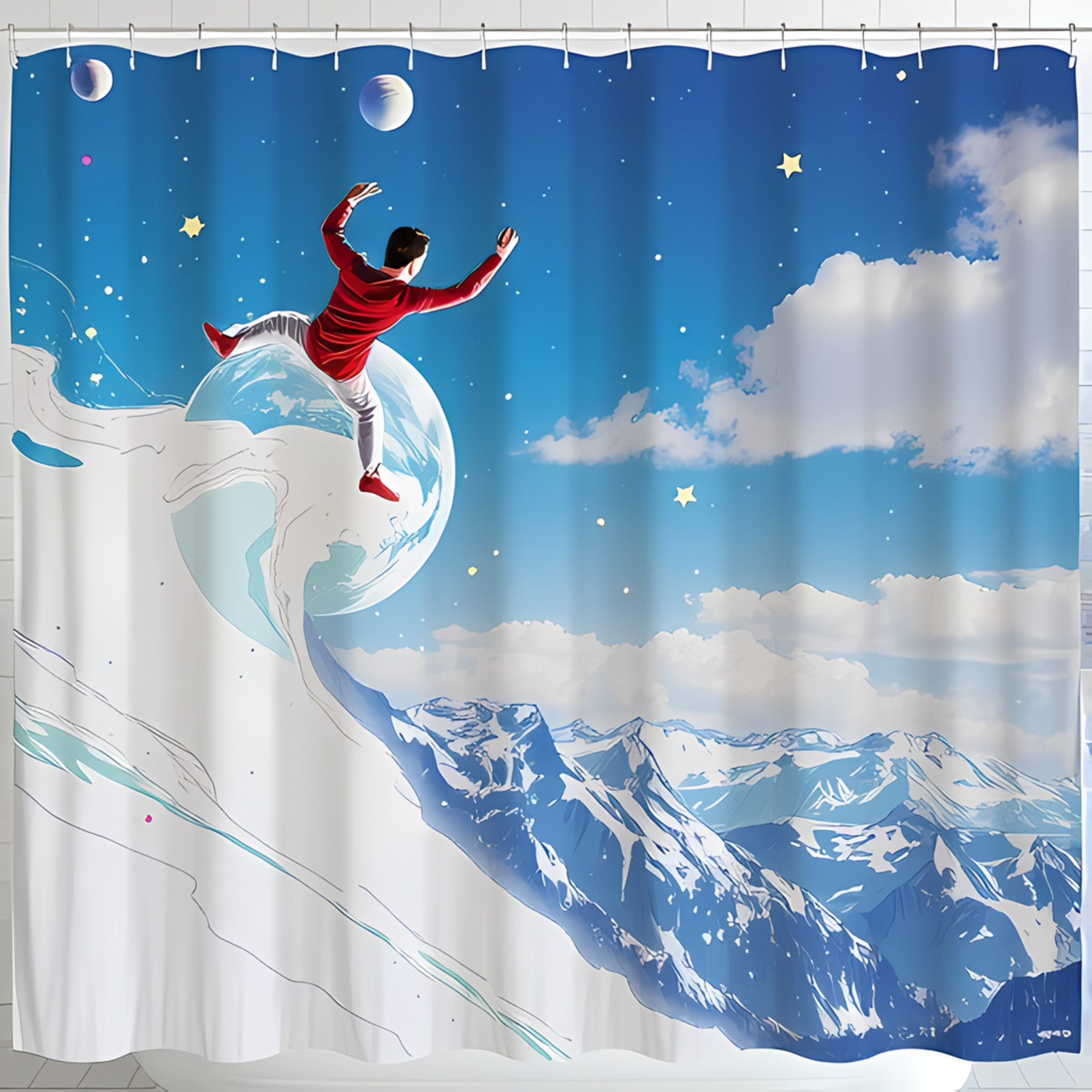 Whimsical Snow - Capped Mountain Shower Curtain - Dreamy Red Leaping ...