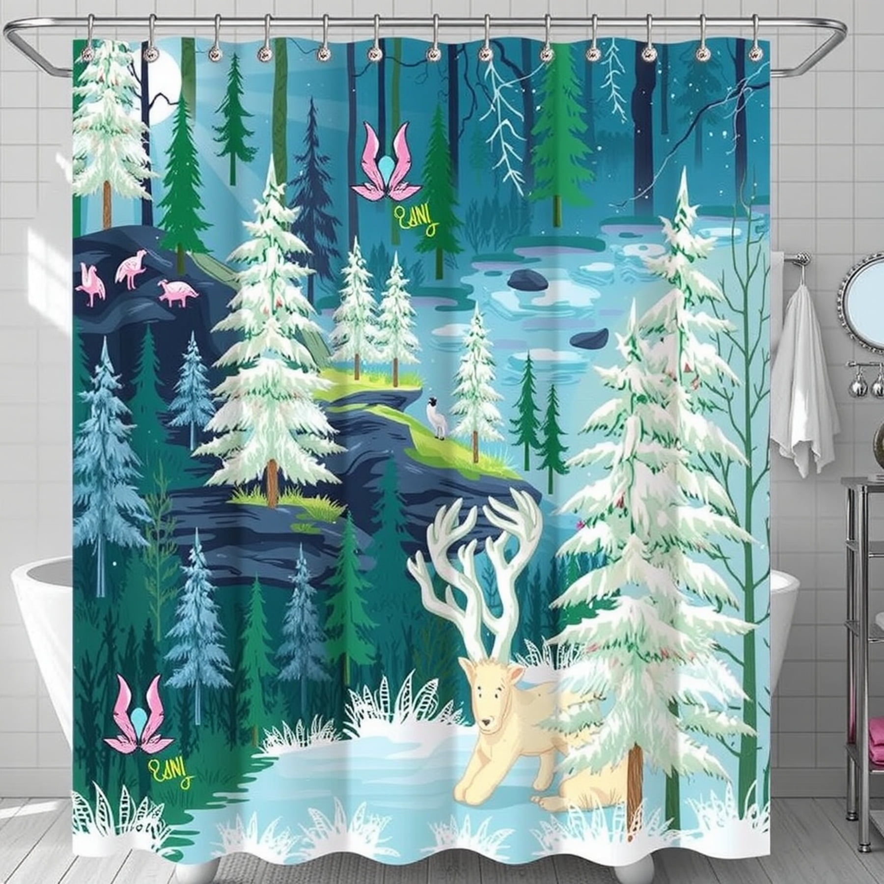 Whimsical Snowy Forest Shower Curtain with White Deer & Pine Trees ...