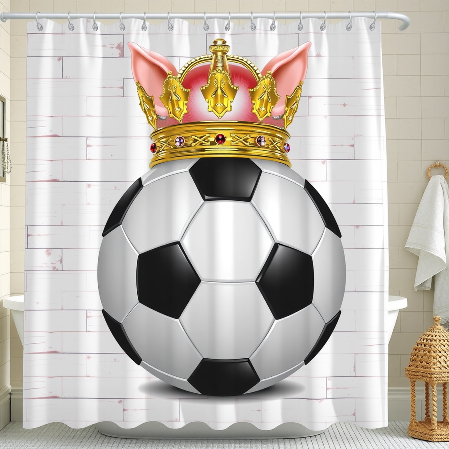 Whimsical Soccer Ball Shower Curtain with Crown & Pig Ears - Fun ...