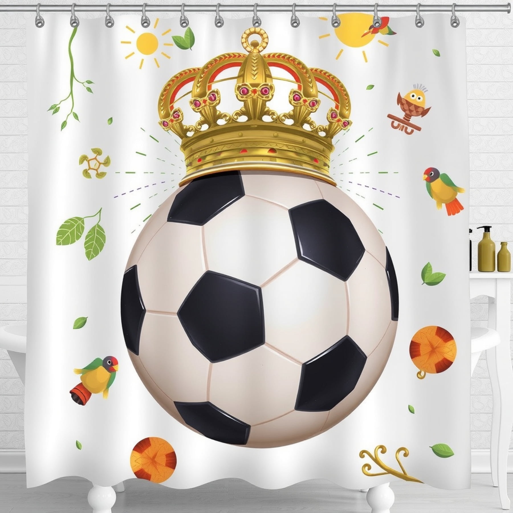 Whimsical Soccer Ball Shower Curtain with Gold Crown & Colorful Details ...