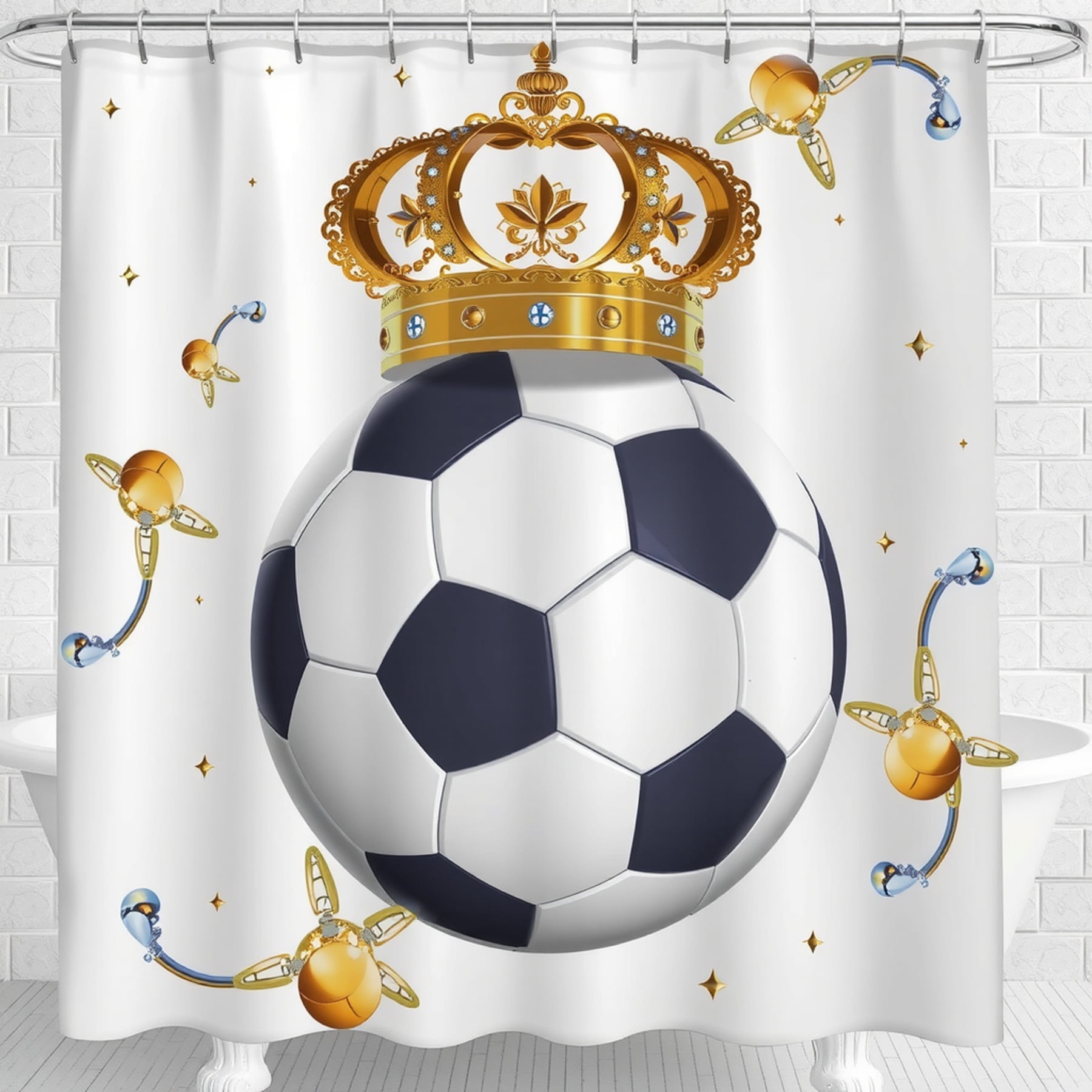 Whimsical Soccer Ball Shower Curtain with Gold Crown & Creatures ...