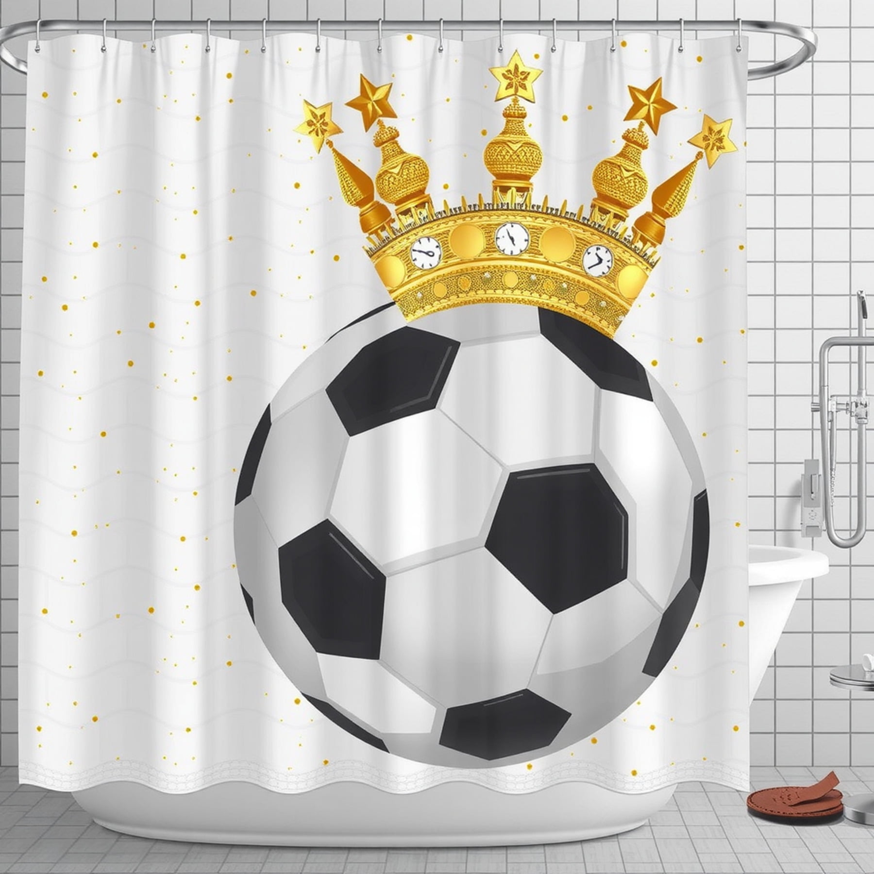 Whimsical Soccer Ball Shower Curtain with Gold Crown & Dots - Fun ...