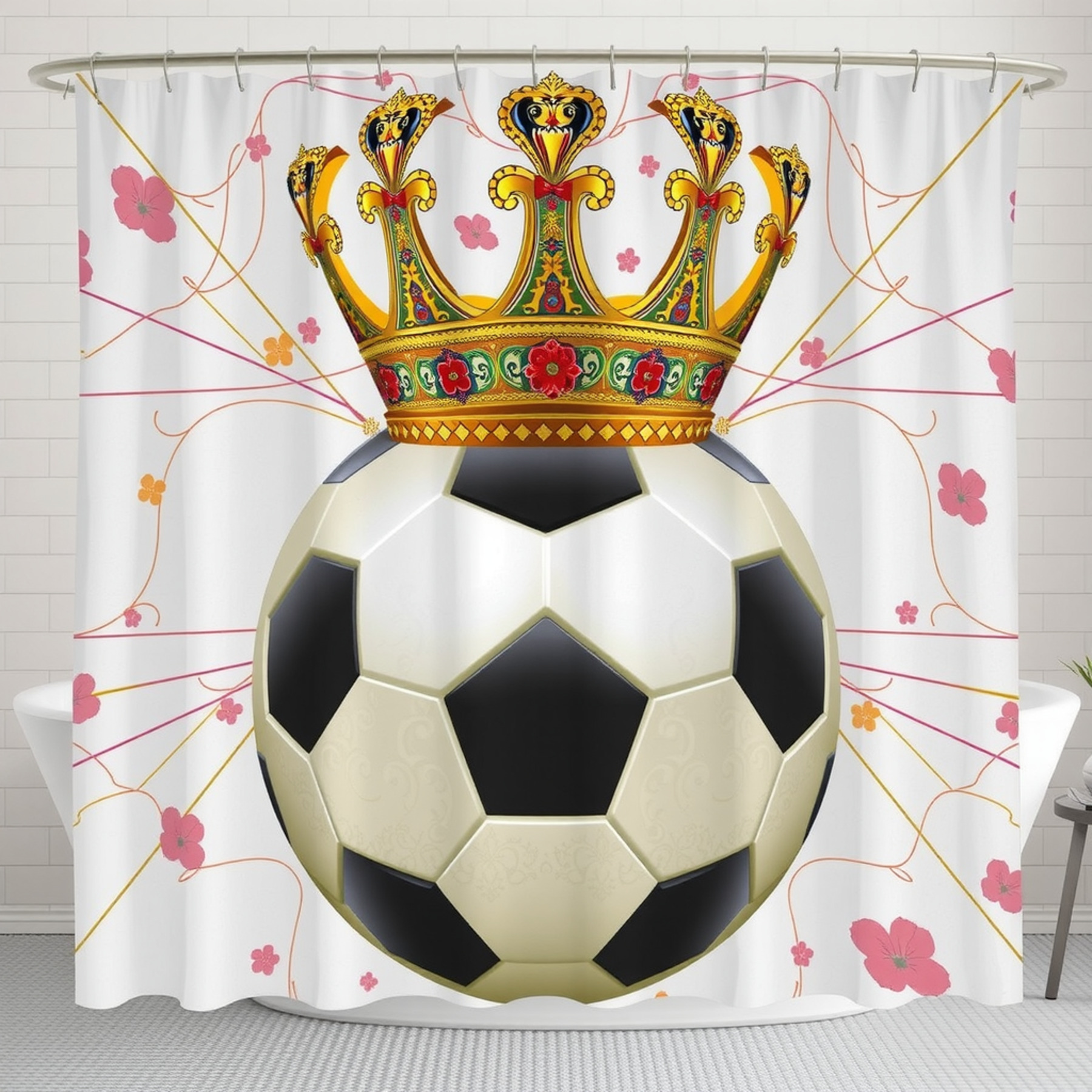 Whimsical Soccer Ball Shower Curtain with Golden Crown & Floral Design ...