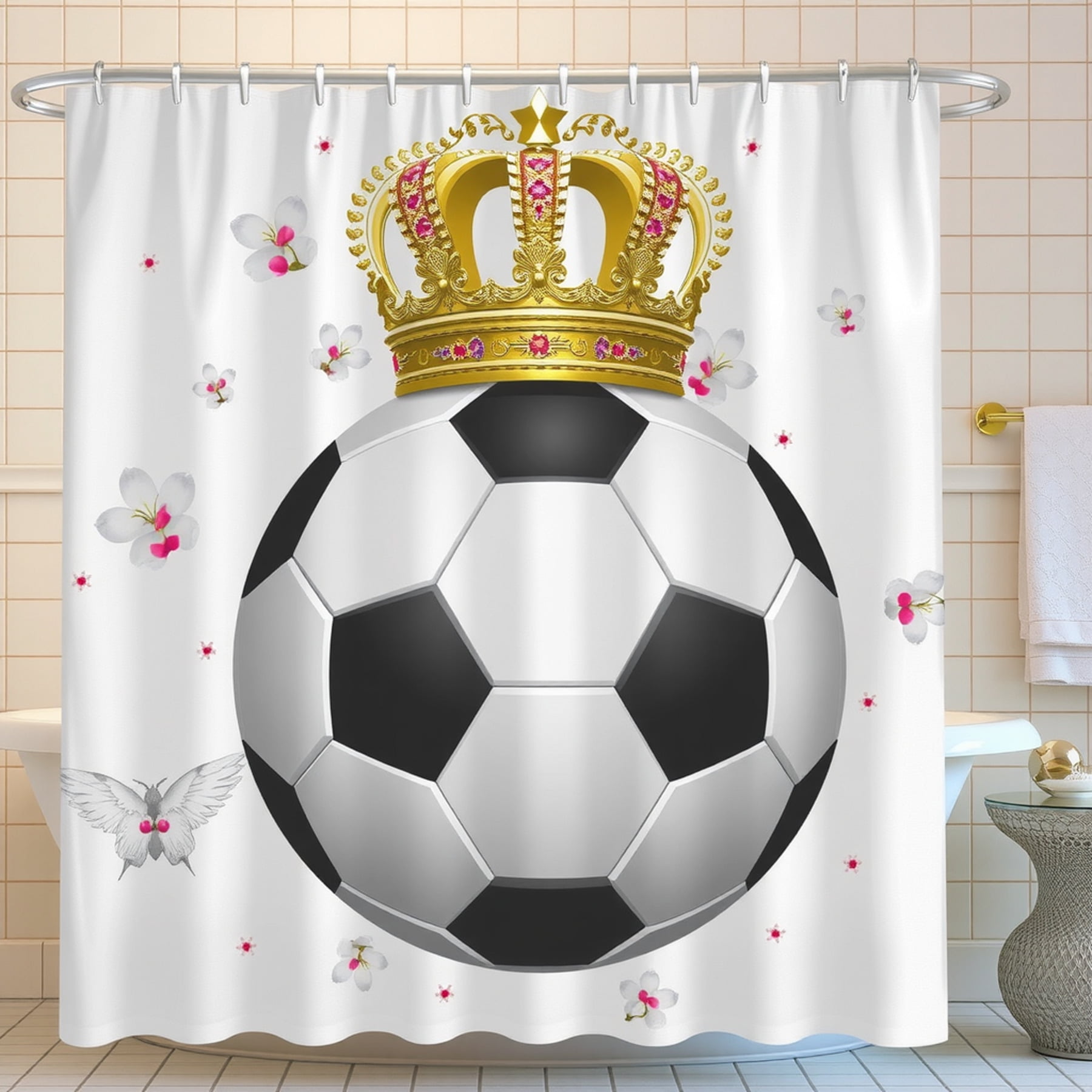 Whimsical Soccer Ball Shower Curtain with Golden Crown & Pink Blossoms ...