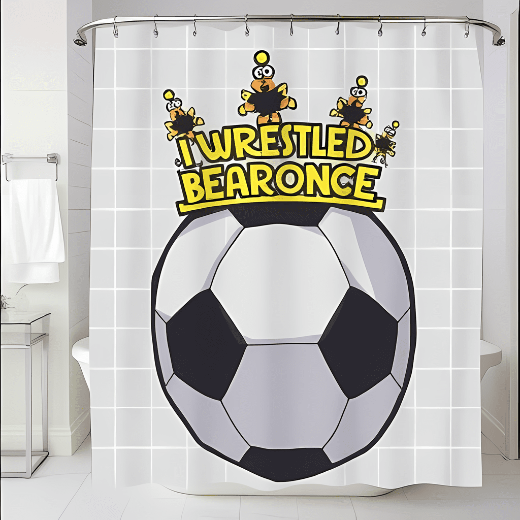 Whimsical Soccer Ball Shower Curtain with "I WRESTLED BEARONCE" Banner ...