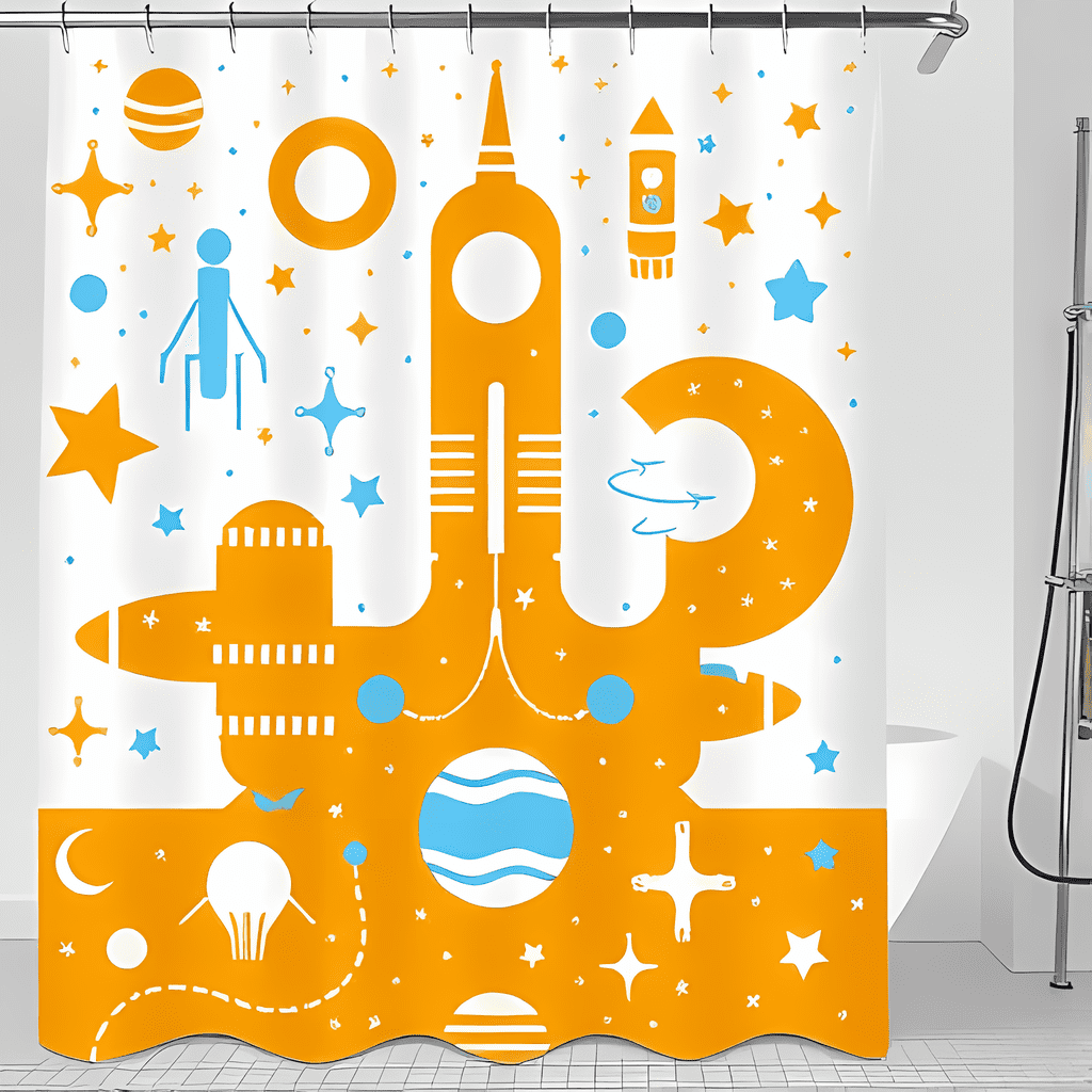 Whimsical Space-Themed Shower Curtain with Bold Orange Rocket Ship ...