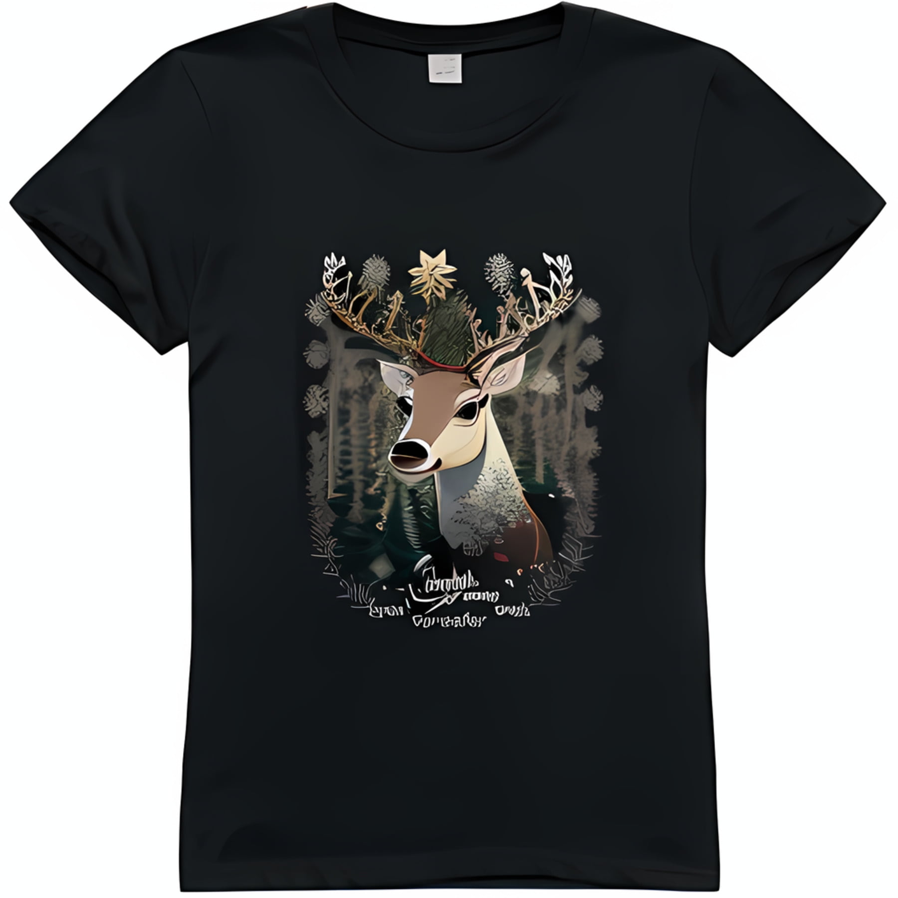 Whimsical Stag Graphic Black T-Shirt Hand Drawn Christmas Forest Design ...