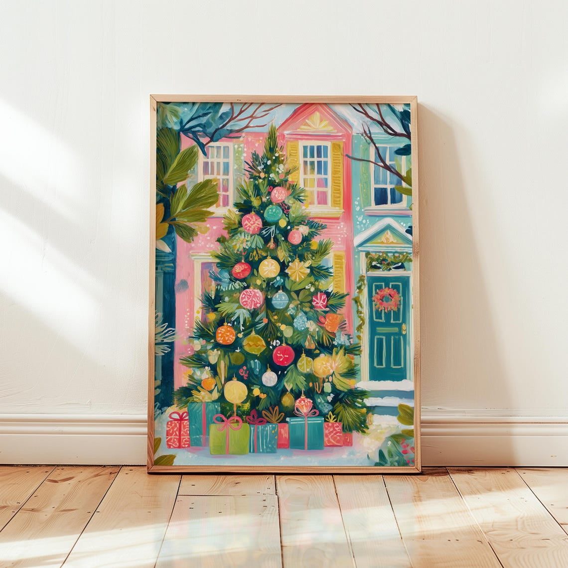 Whimsical Street Scene Poster, Colorfultree With Presents, Festive City ...