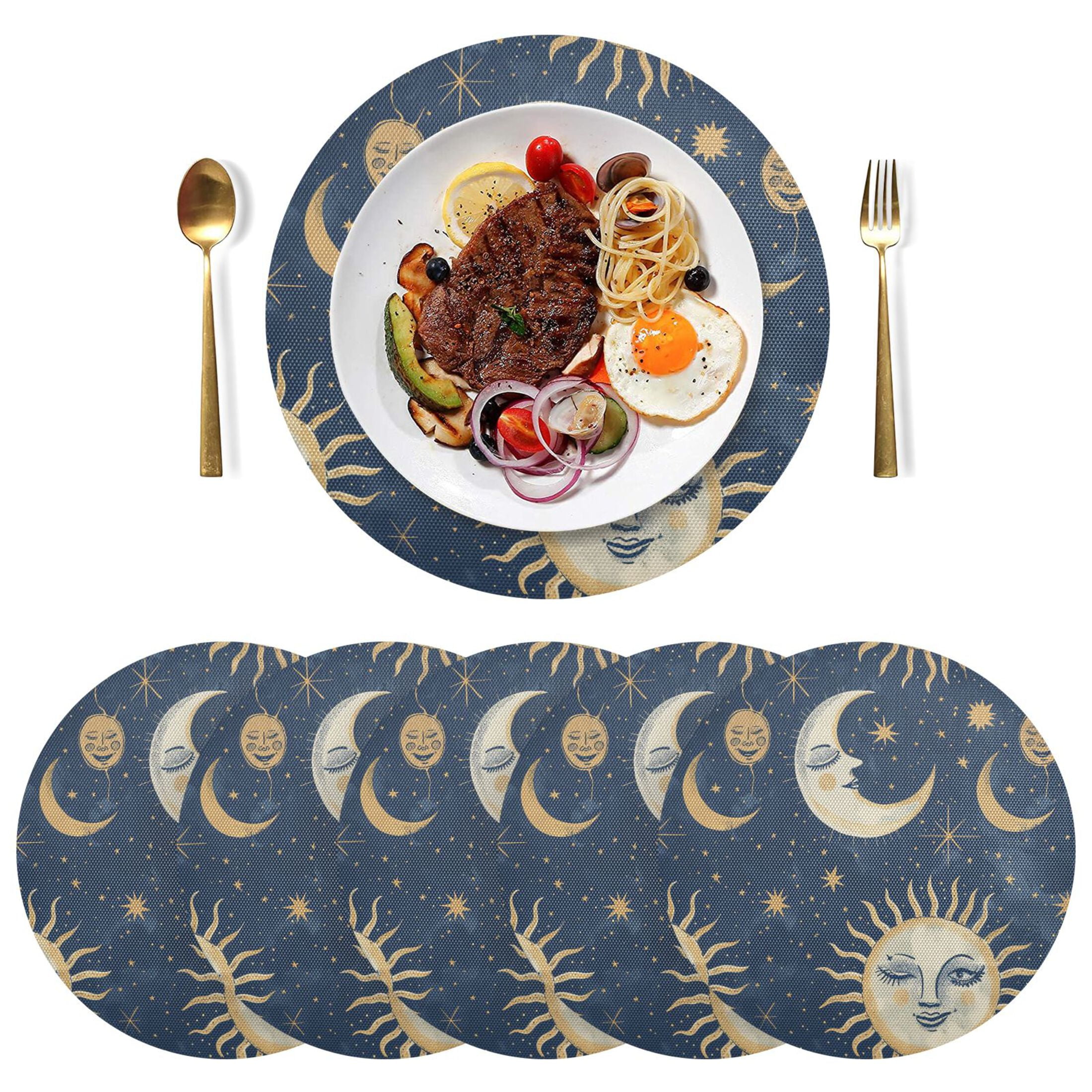 Whimsical Sun and Moon Black Round Placemats Plate Mats 15 Inch Non ...