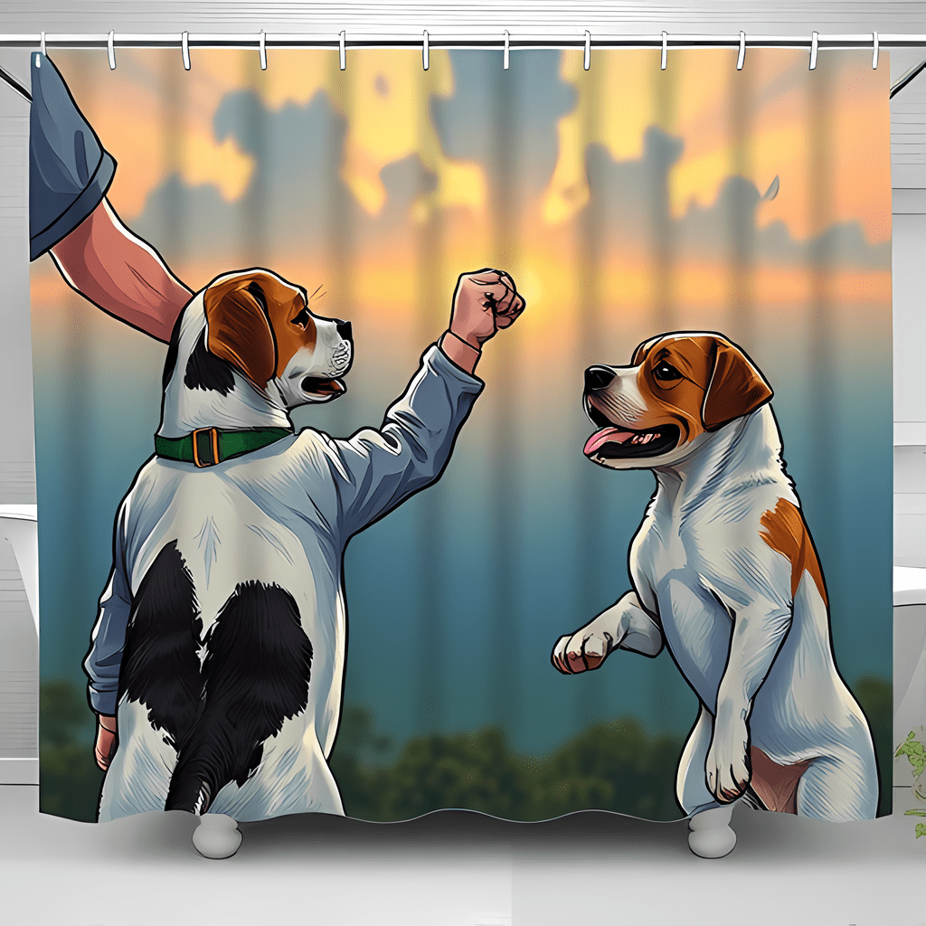 Whimsical Sunset Beagle Shower Curtain - Playful Cartoon & Realistic ...