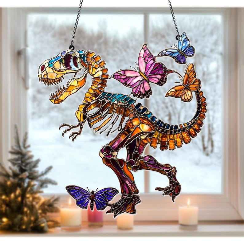 Whimsical T-Rex Faux Stained Glass Suncatcher – Acrylic Dinosaur Window ...